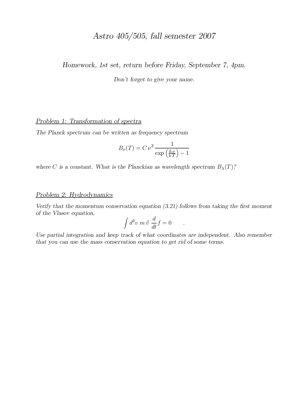 Homework 1 Problems Astrophysical Process Astro 405 Docsity