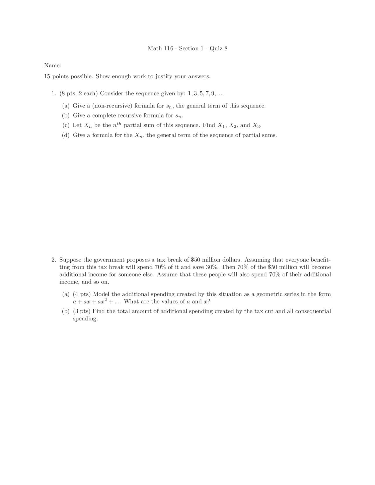 Quiz Viii Questions For Calculus Ii Math 116 Docsity