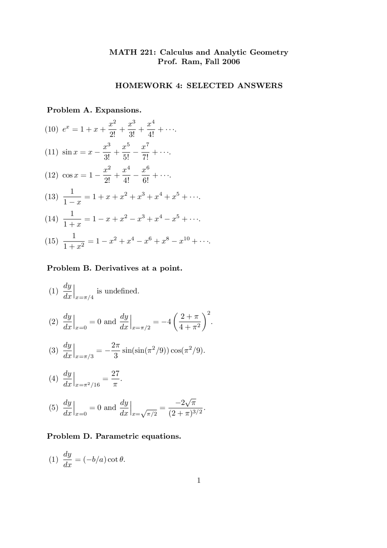 Homework 4 Answers Calculus And Analytic Geometry Math 221 Docsity