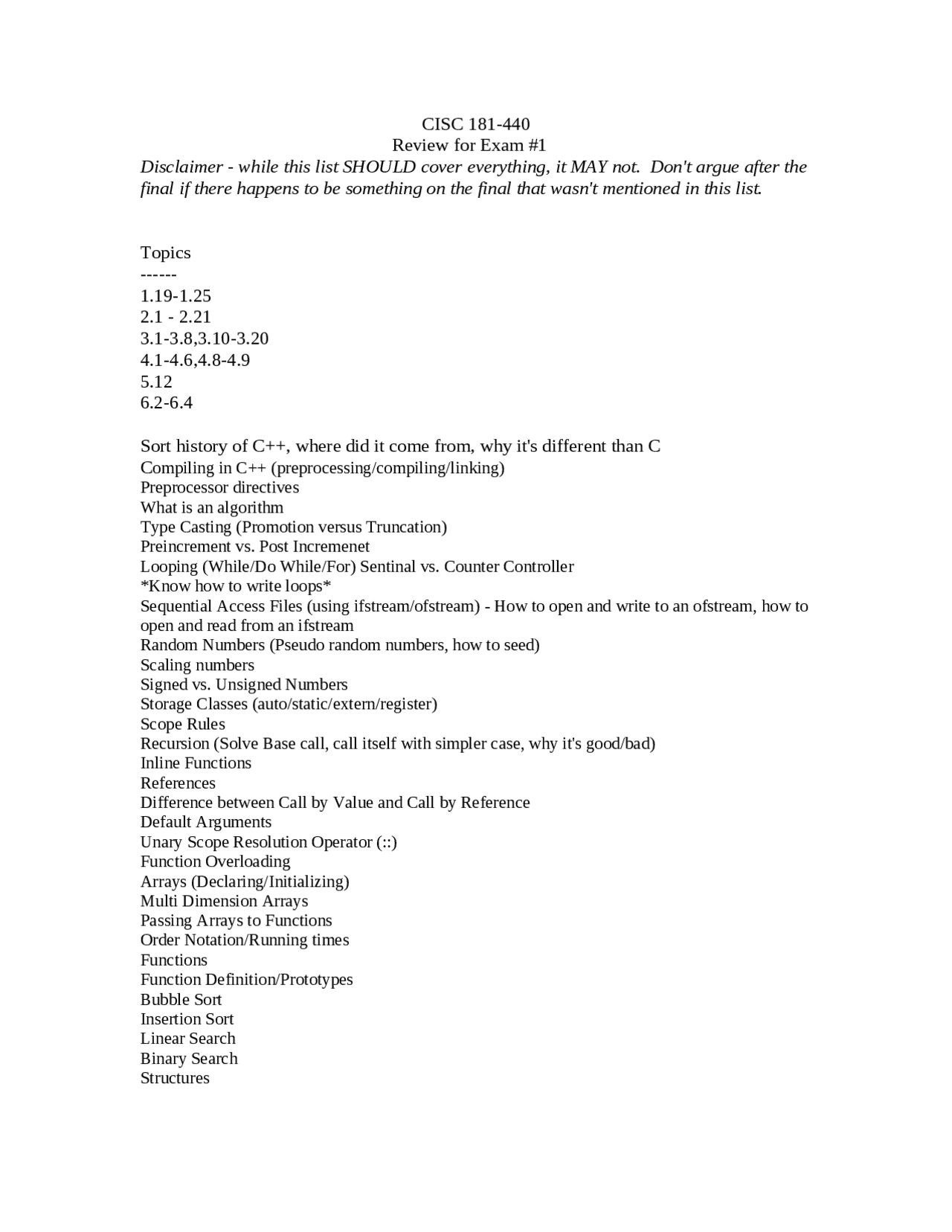 Review Sheet For Exam 1 Introduction To Computer Science Ii Cisc 181 Docsity