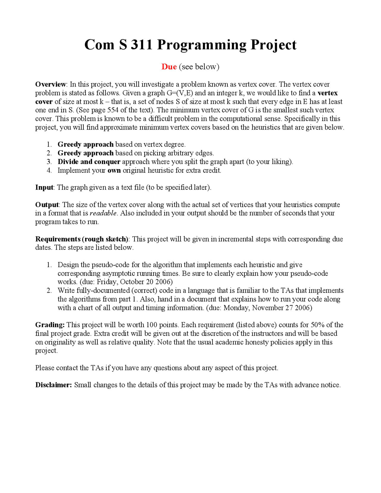 Programming Project On Design And Analysis Of Algorithms Com S 311 Docsity