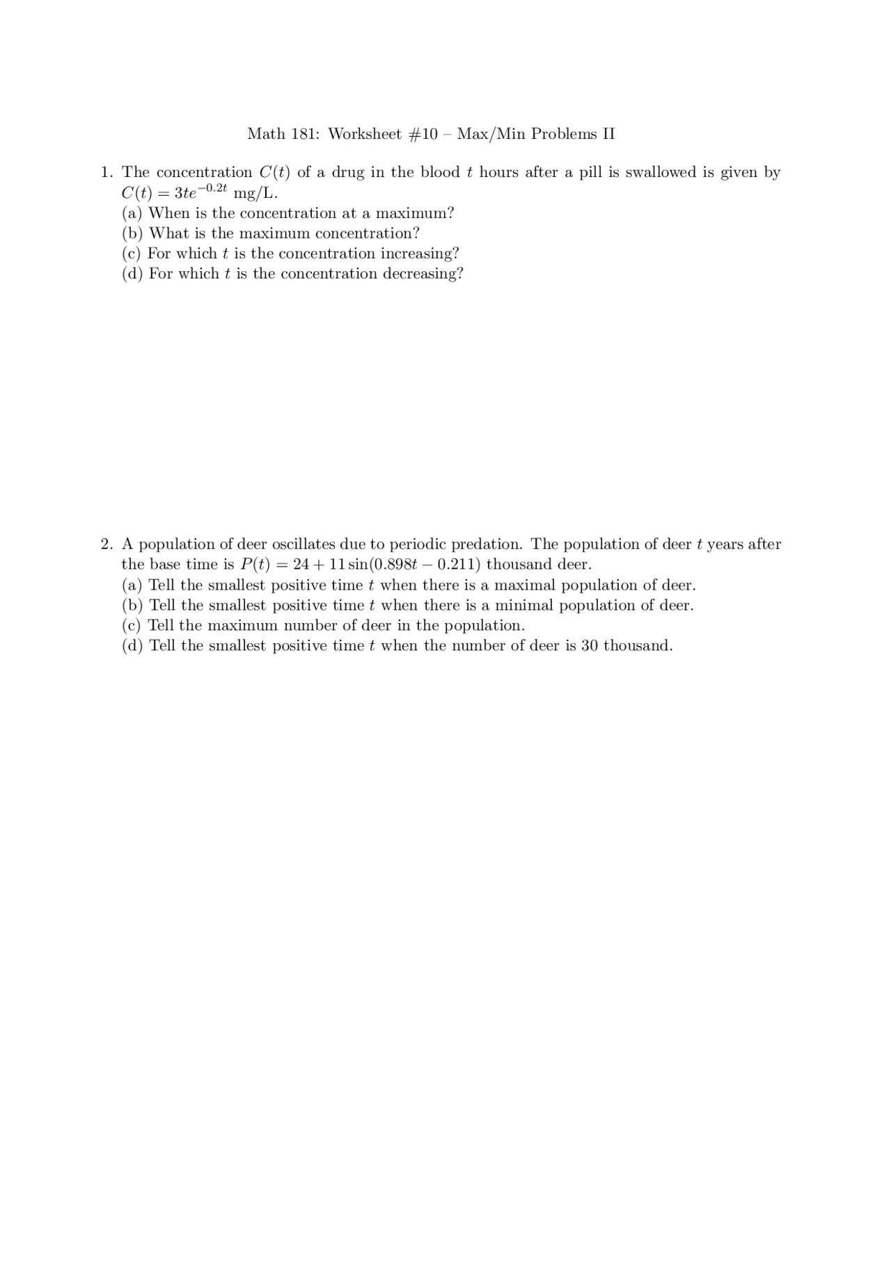Solutions To Worksheet 10 Life Science Calculus And Models I Math