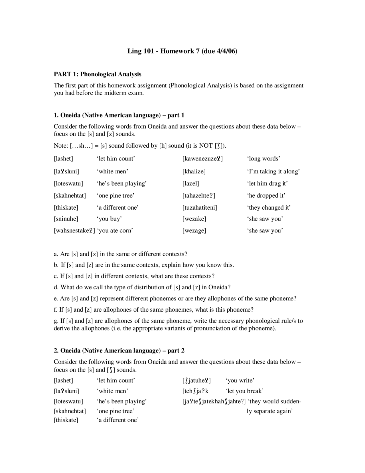 Homework 7 For Introduction To Linguistics I Ling 101 Docsity