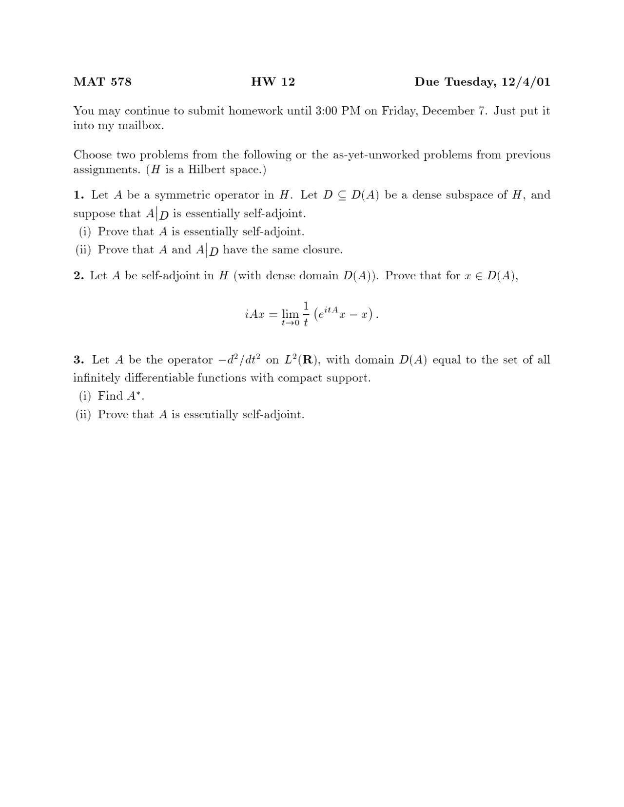 Homework 12 Functional Analysis Fall 2001 Mat 578 Docsity