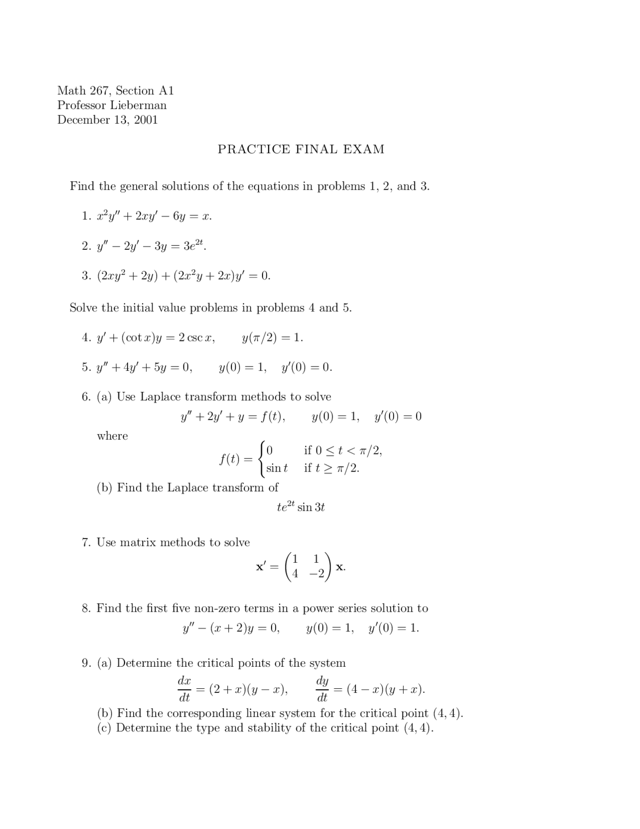9 Questions For Practice Final Exam Differential Equations And