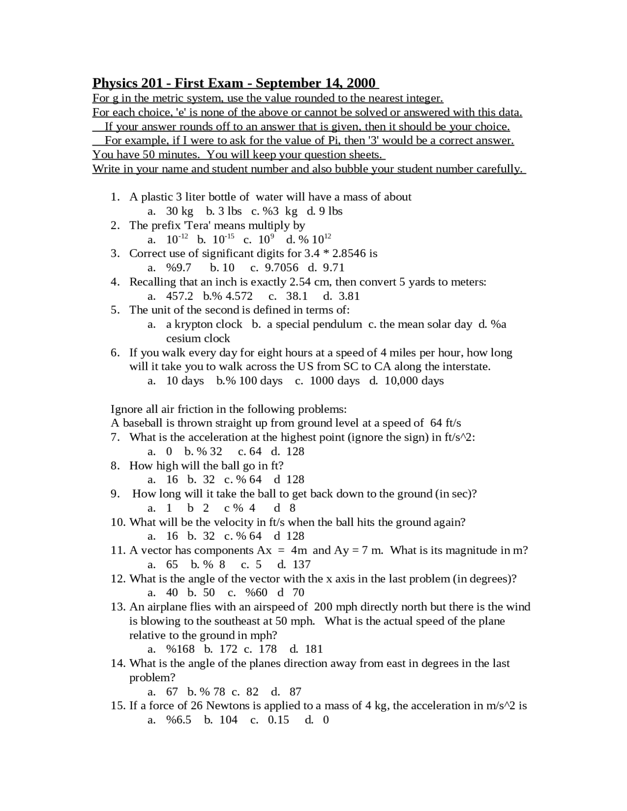 20 Multiple Choice Questions For Exam 1 General Physics I Phys 201