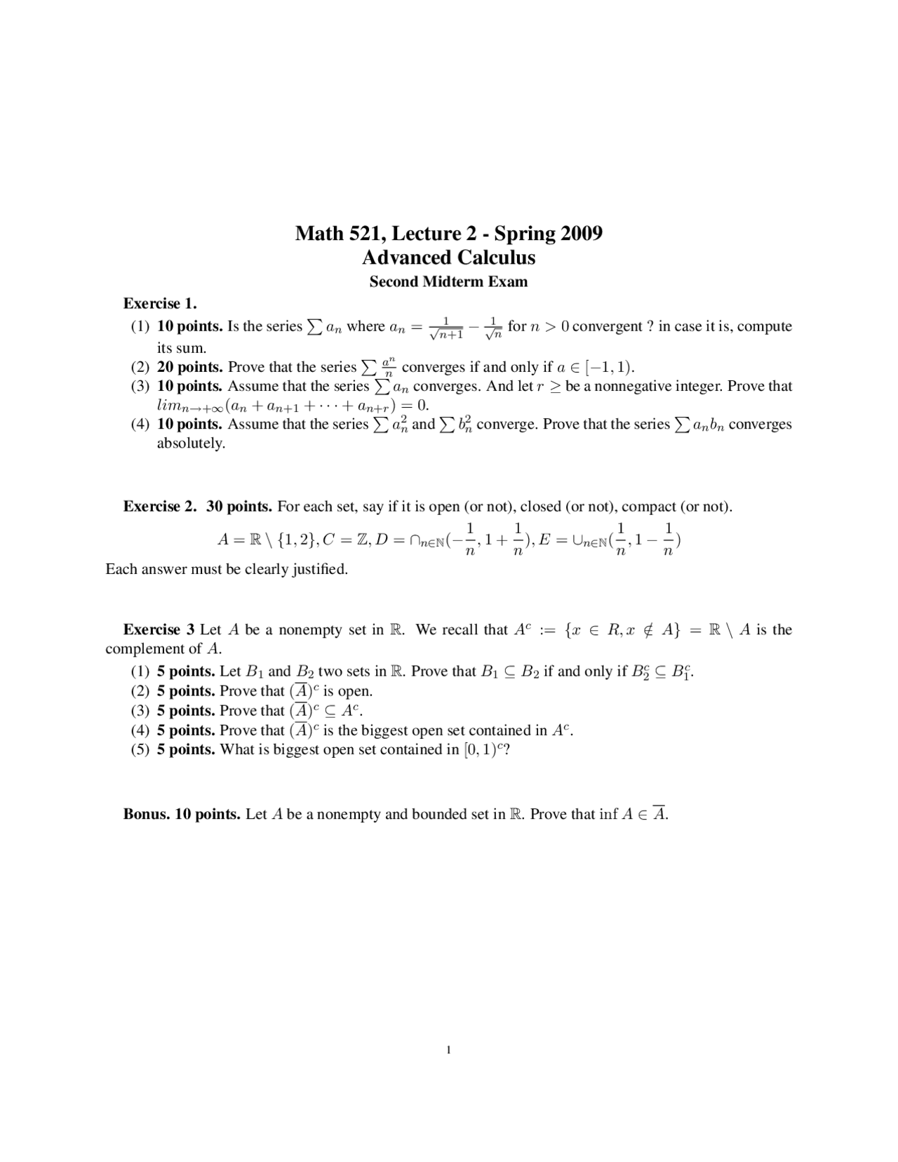 Second Midterm Exam For Analysis I Spring 2009 Math 521 Docsity