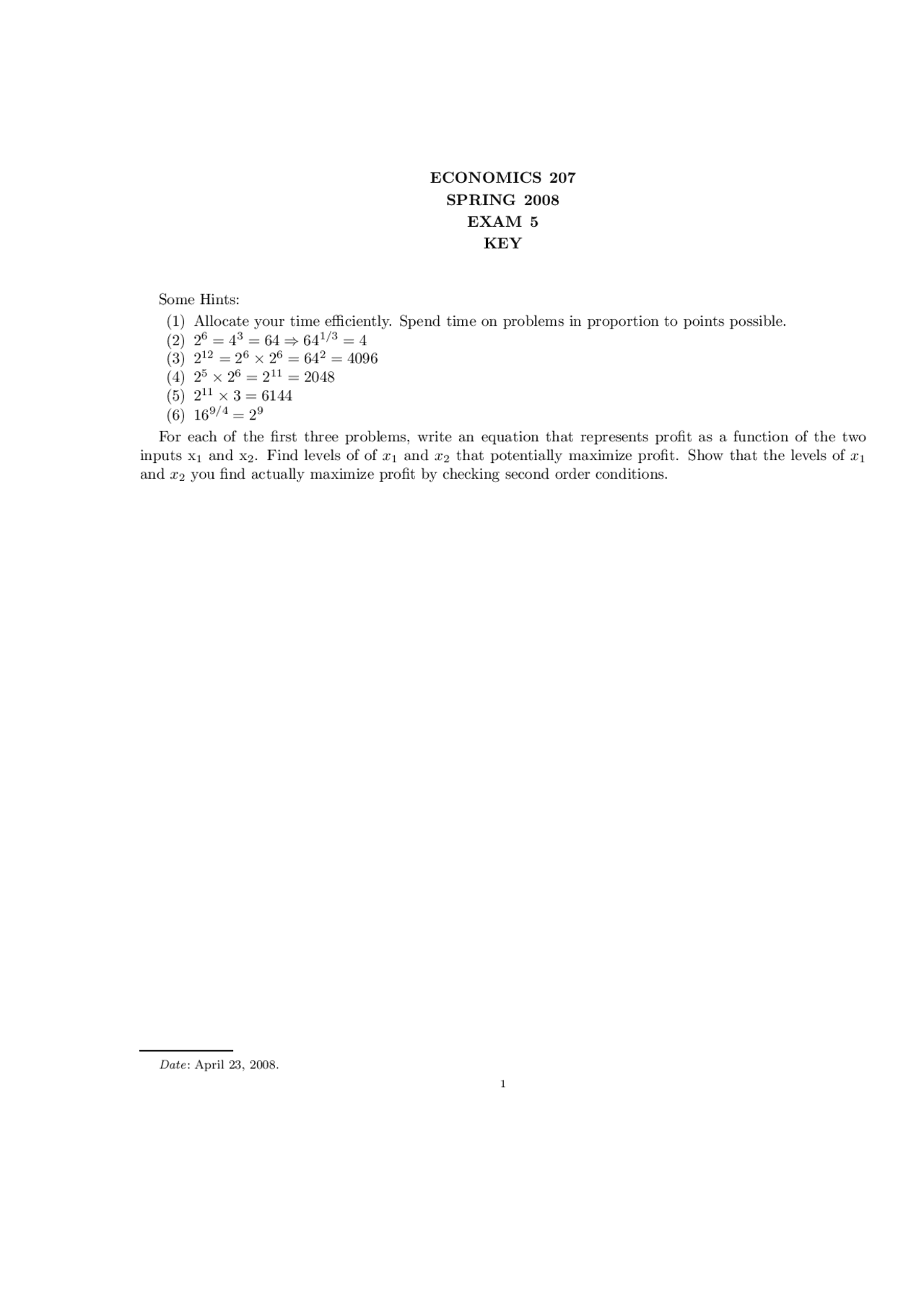 Exam 5 With Answer Key Applications Of Economic Optimization Econ