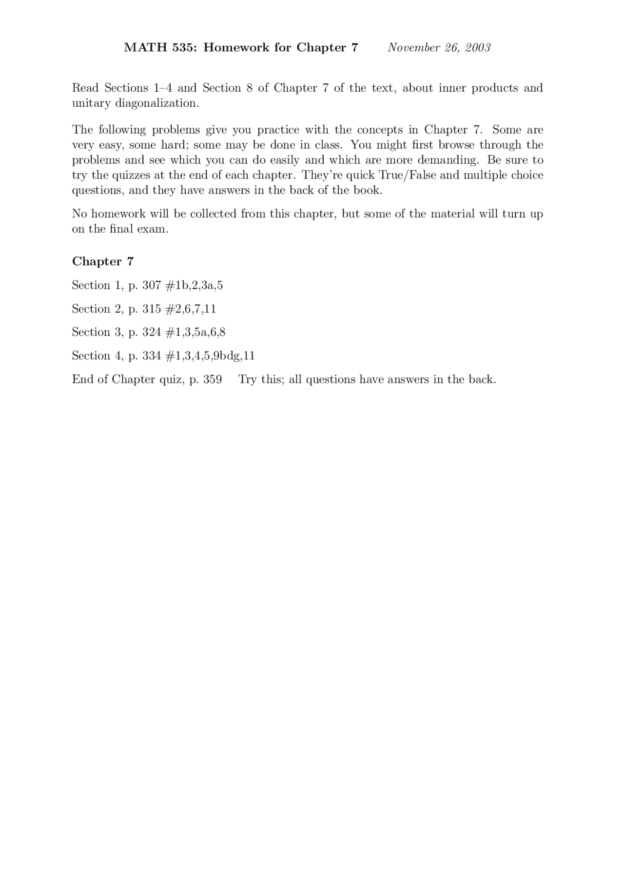 MATH 535: Chapter 7 Homework - Inner Products and Unitary ...