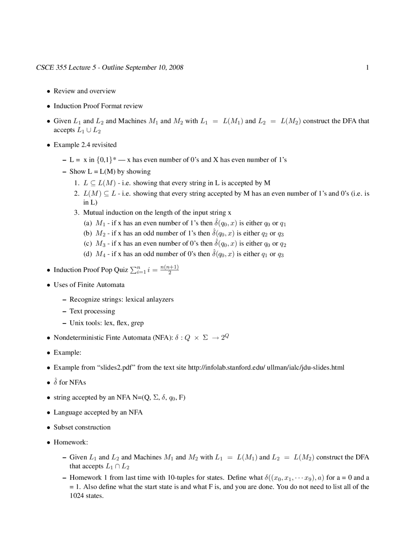 Review For Assignment 1 Foundations Of Computation Csce 355 Docsity