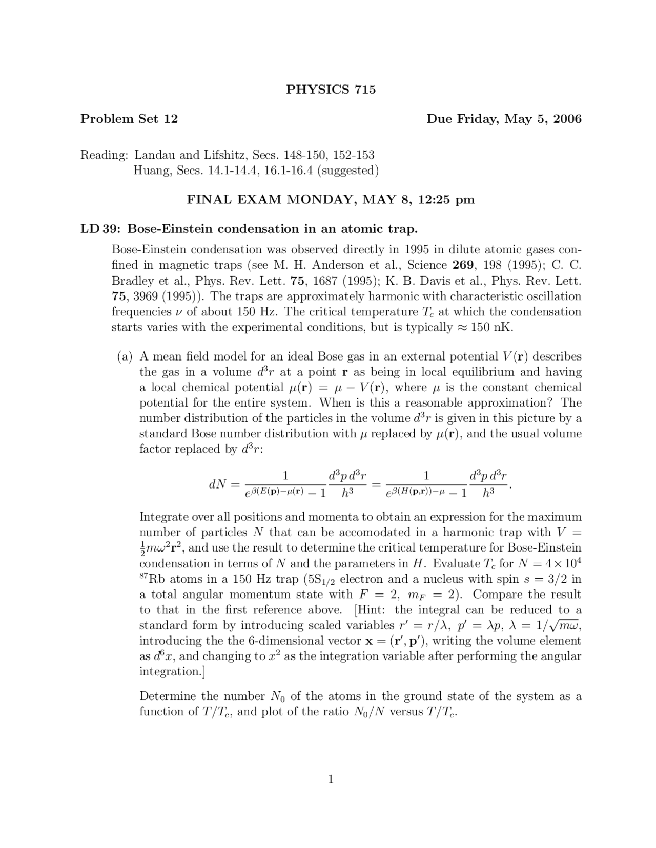 Problem Set 12 - Statistical Mechanics | PHYSICS 715 - Docsity