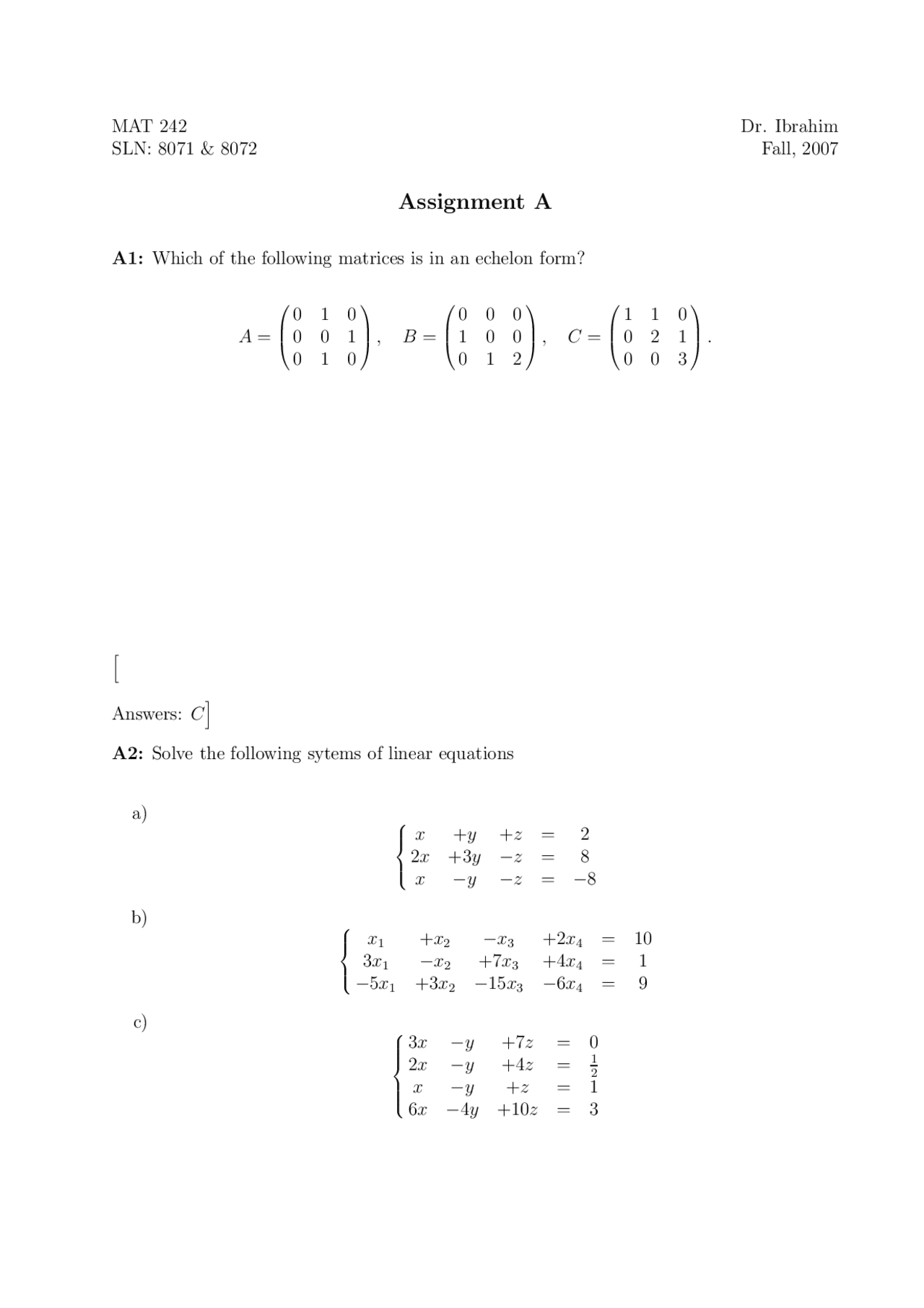 5 Solved Problems On System Of Linear Equations Assignment Mat 242