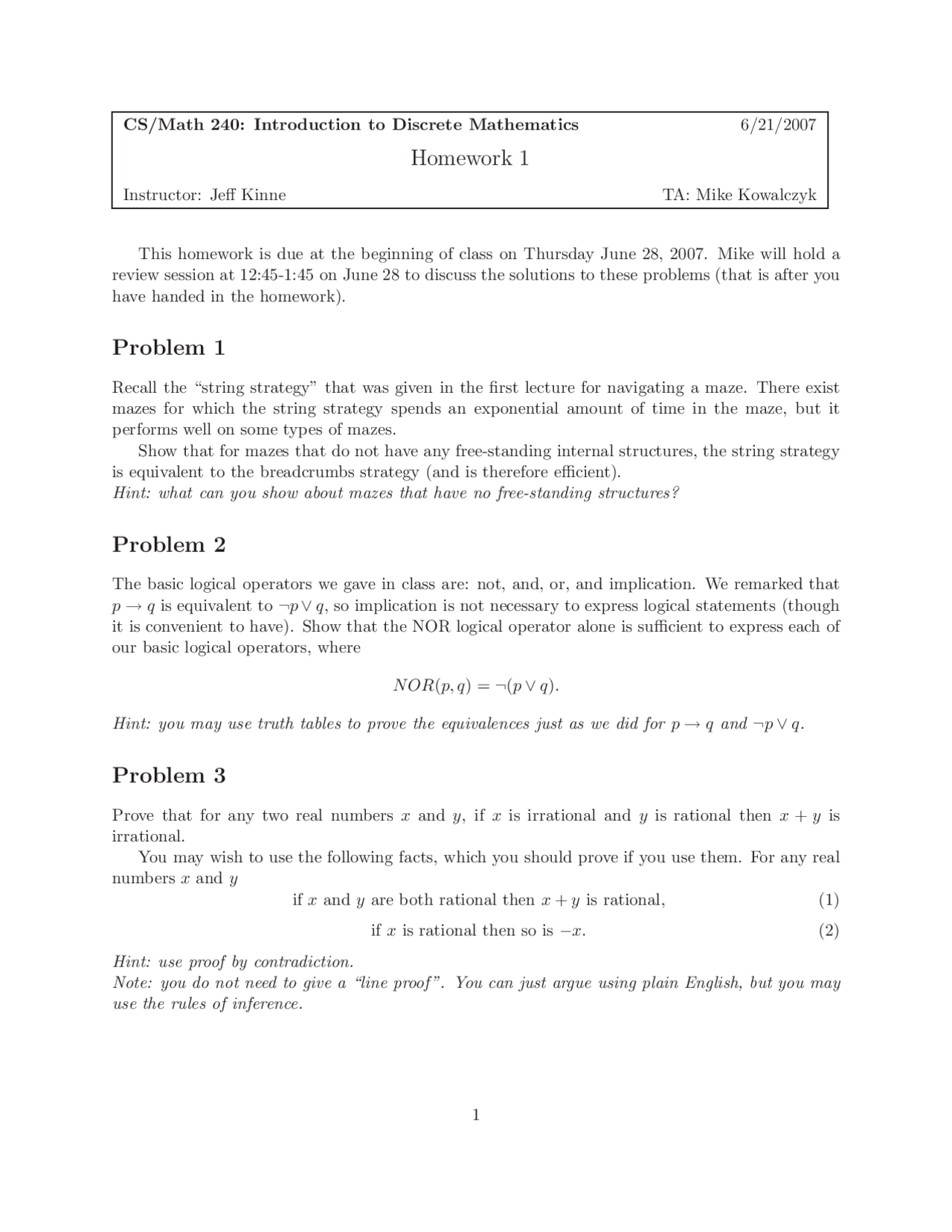 Introduction To Discrete Mathematics Homework I Problems Math 240