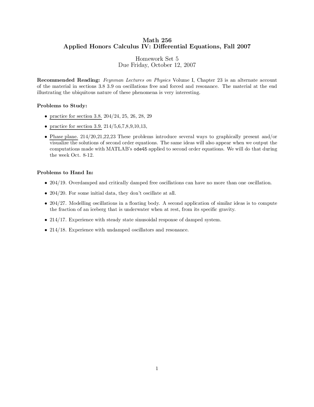Differential Equations Applied Honors Calculus Iv Fall 2007 Math