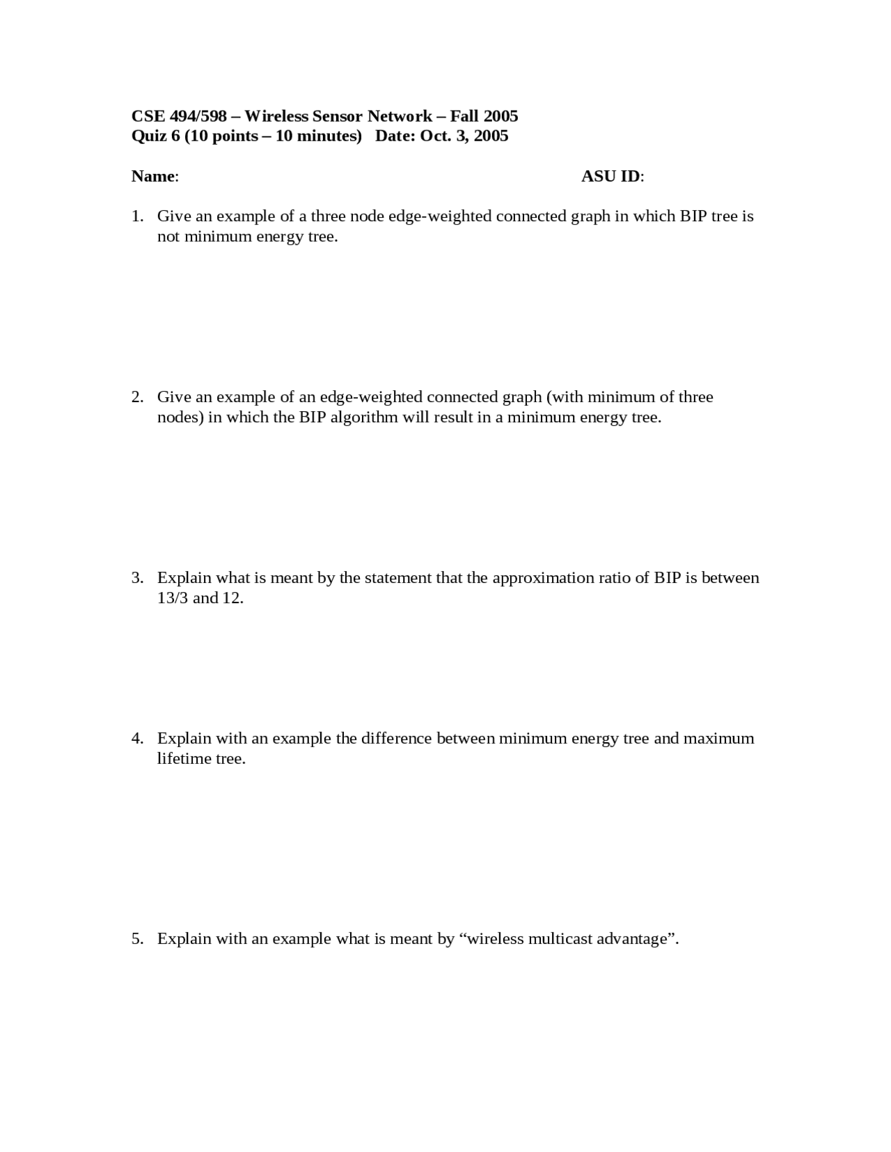 Wireless Sensor Network Quiz Six Questions Cse 494 Docsity