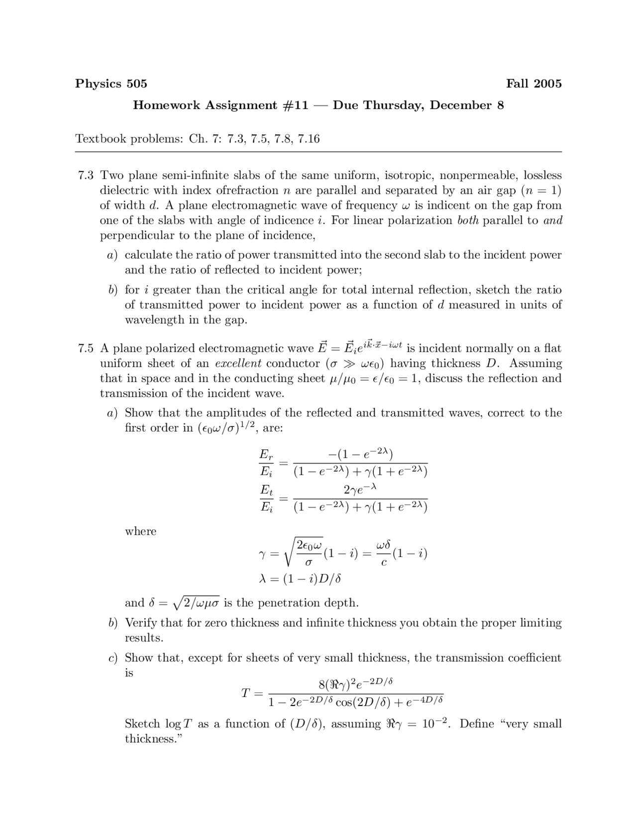 Electricity And Magnetism I Assignment 11 Questions Fall 2005