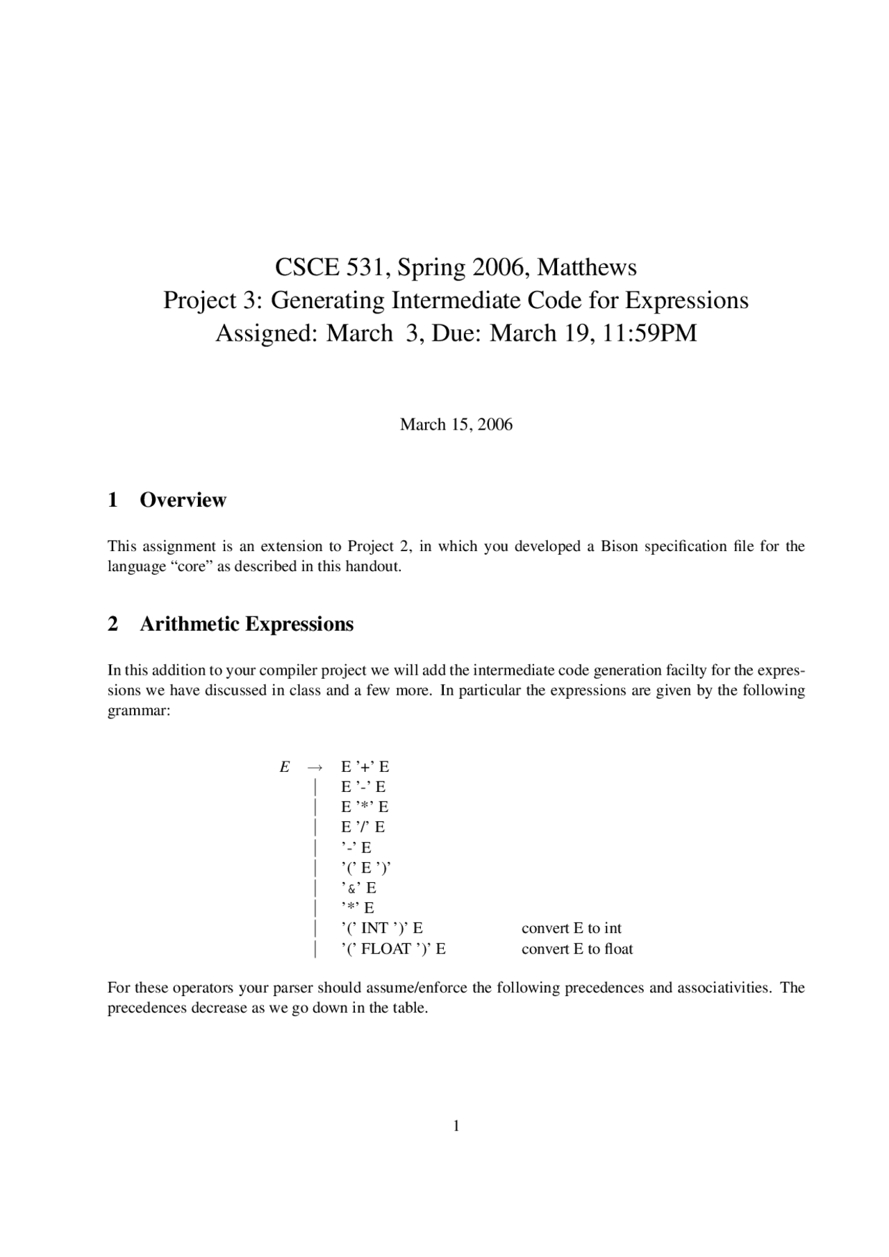 Project 3 Generating Intermediate Code For Expressions Csce 531 Docsity