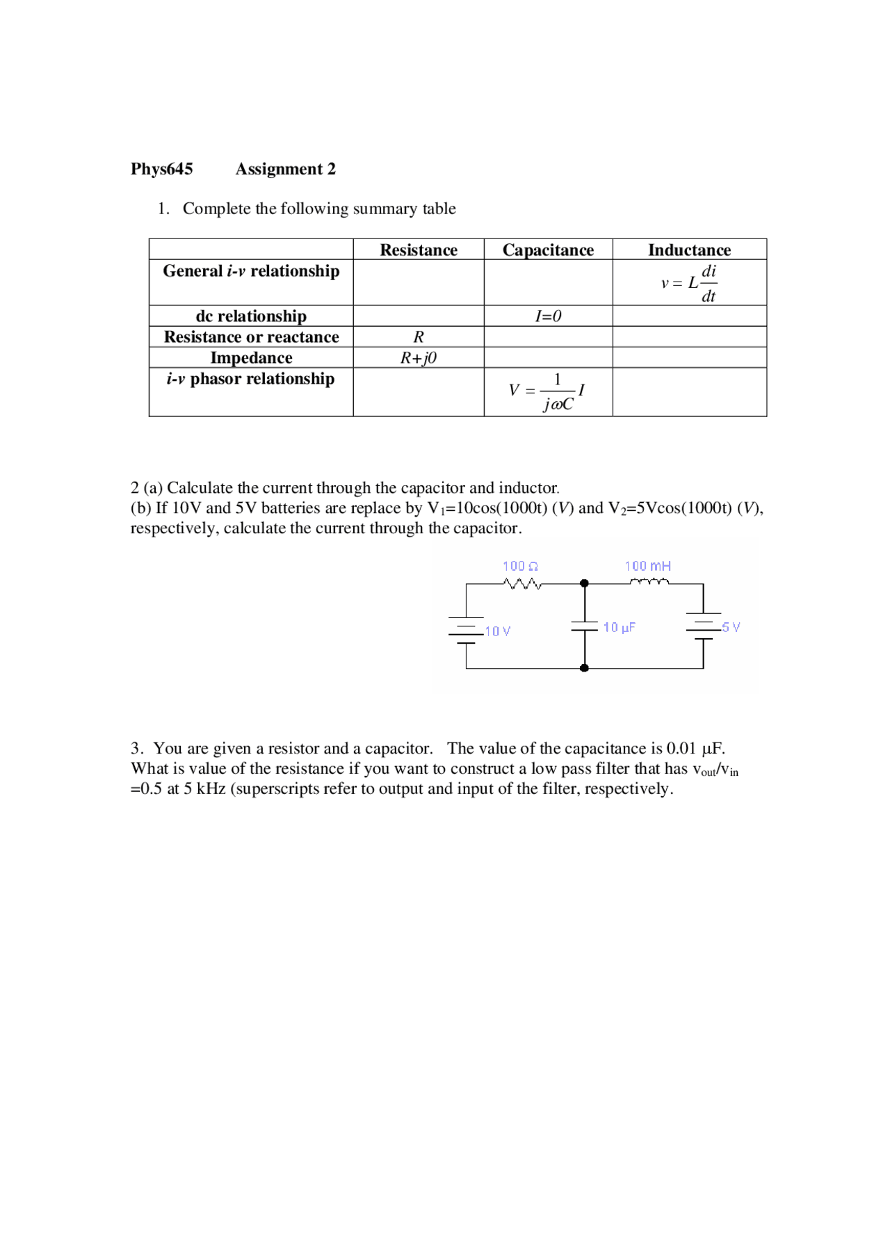 Electronics For Scientists Assignment Ii Questions Phys 645 Docsity