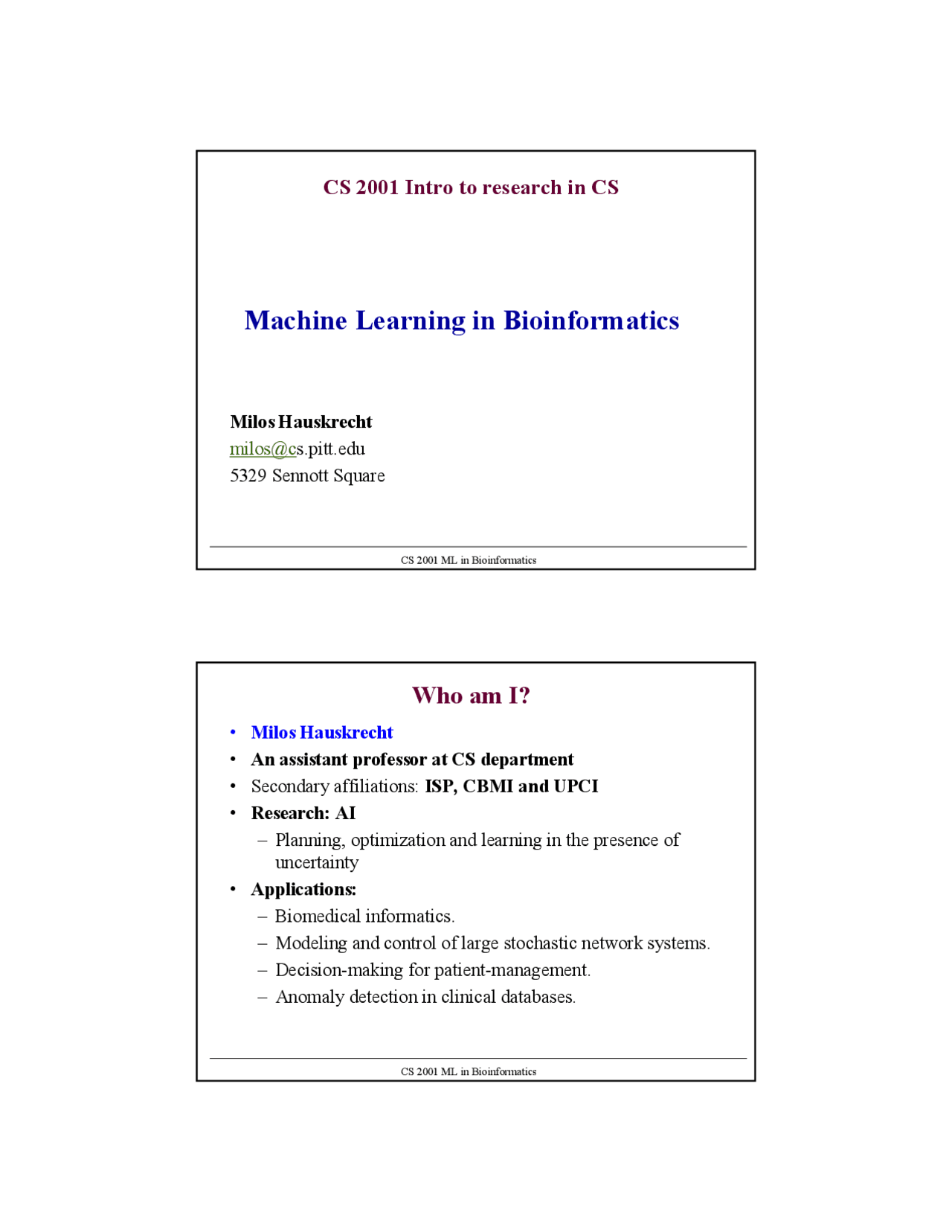 Machine Learning In Bioinformatics Lecture Slides Cs 2001 Docsity