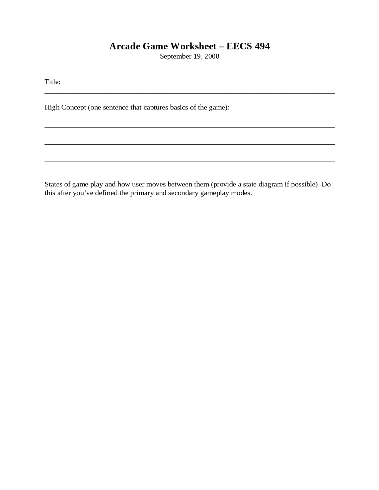 Arcade Game Worksheet - Computer Game Designing | EECS 494 - Docsity