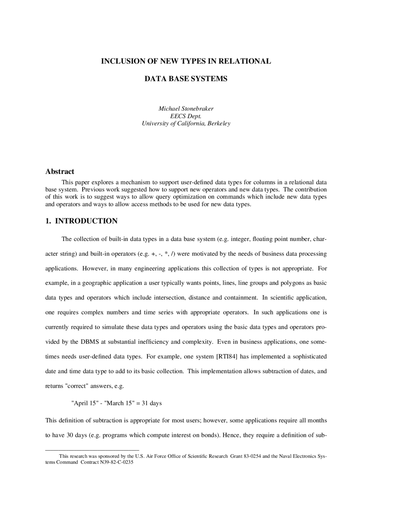 Inclusion of New Types in Relational Database Systems | EECS 584 - Docsity