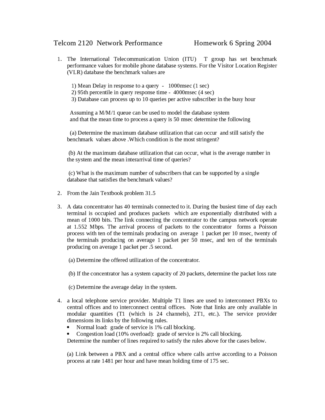 Homework 6 Network Performance Telcom 2120 Docsity