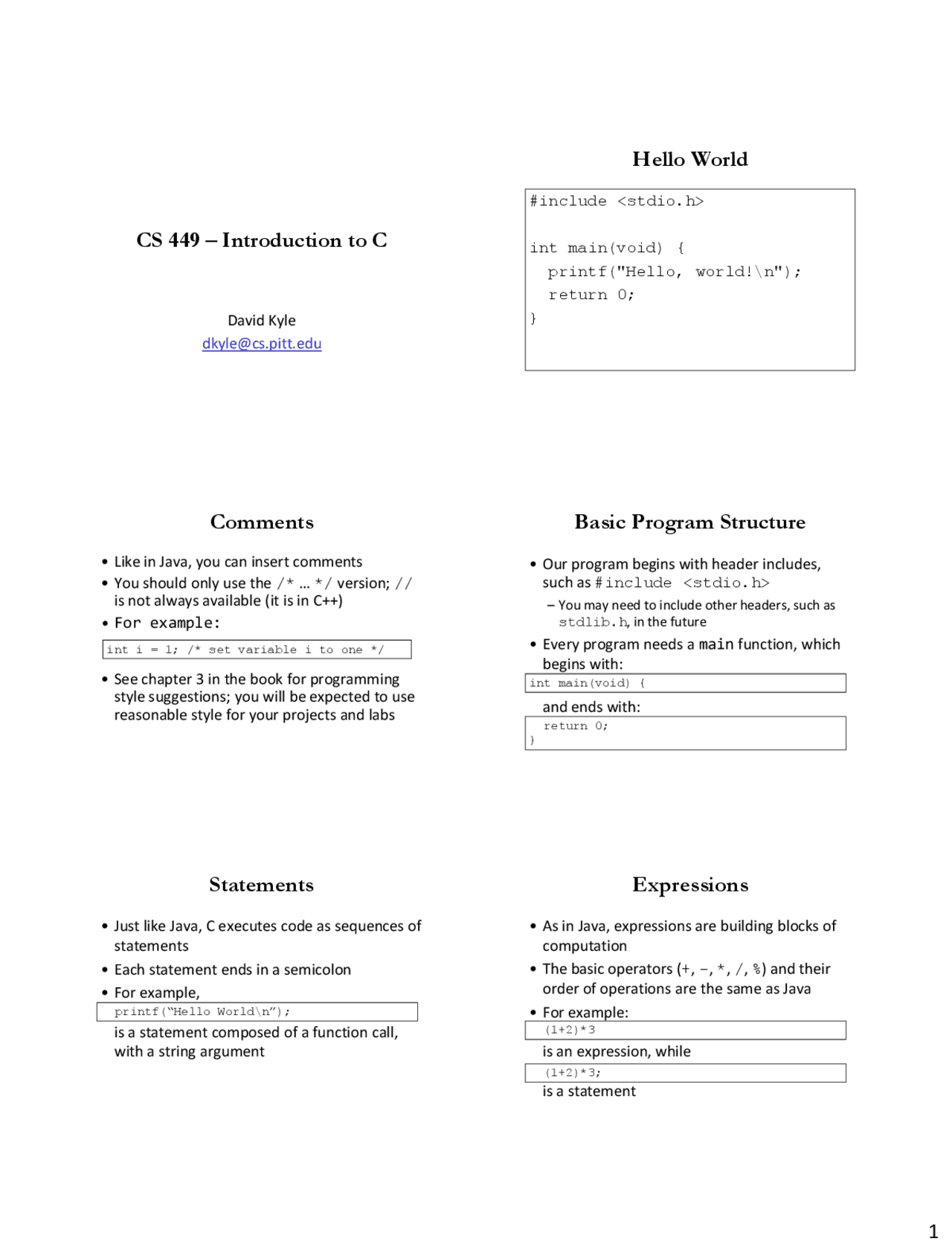 Introduction to C - Lecture Slides | CS 0449 - Docsity