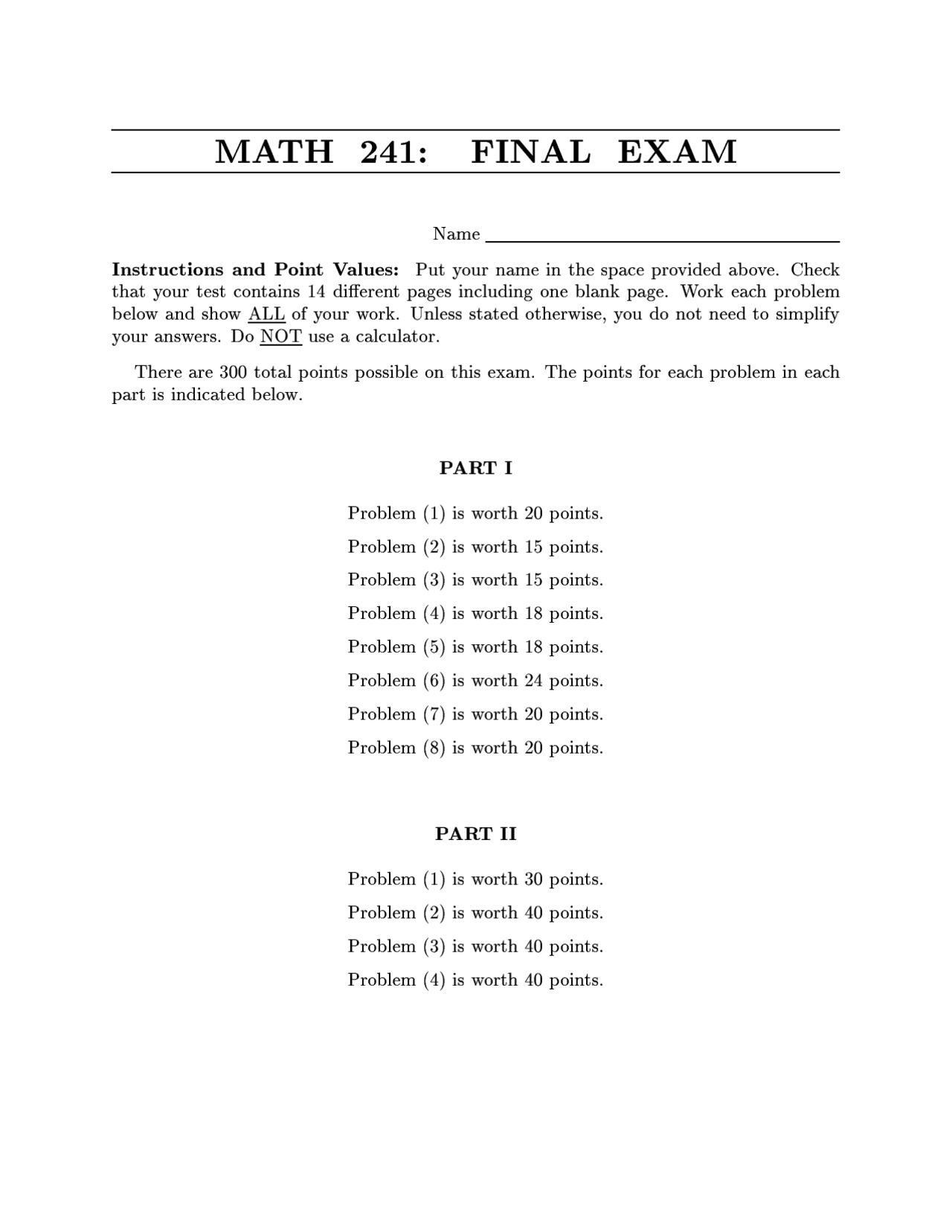 Final Exam For Vector Calculus Math 241 Docsity