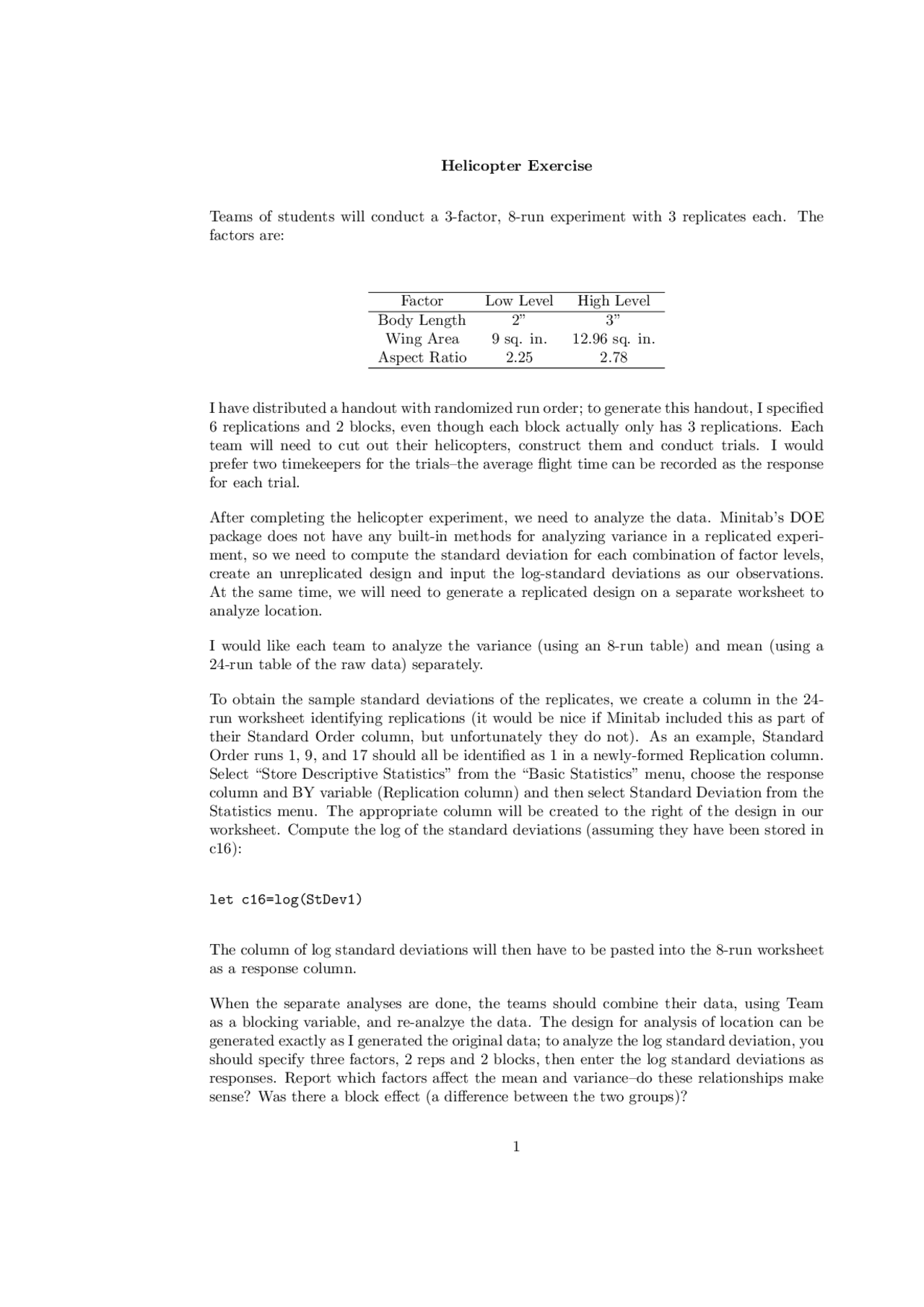 Introduction To Experimental Design Helicopter Exercise Stat 506