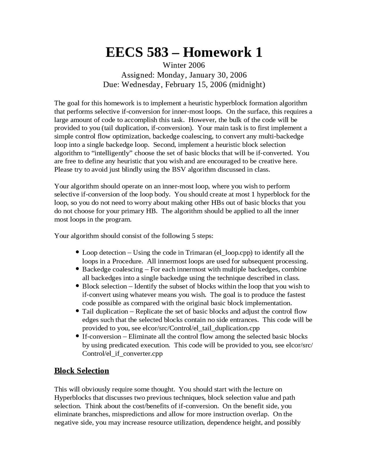 Implementation of a Heuristic Hyperblock Formation | EECS 583 - Docsity