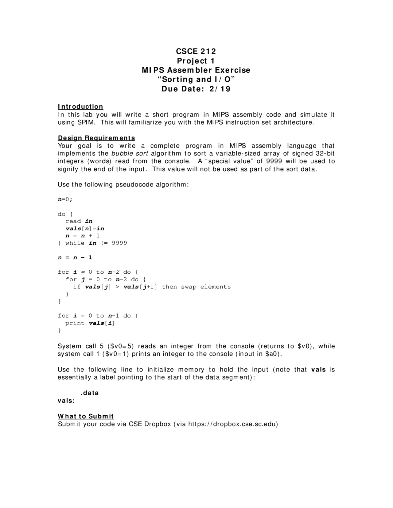 Mips Assembler Exercise Sorting And Io Project Csce 212 Docsity