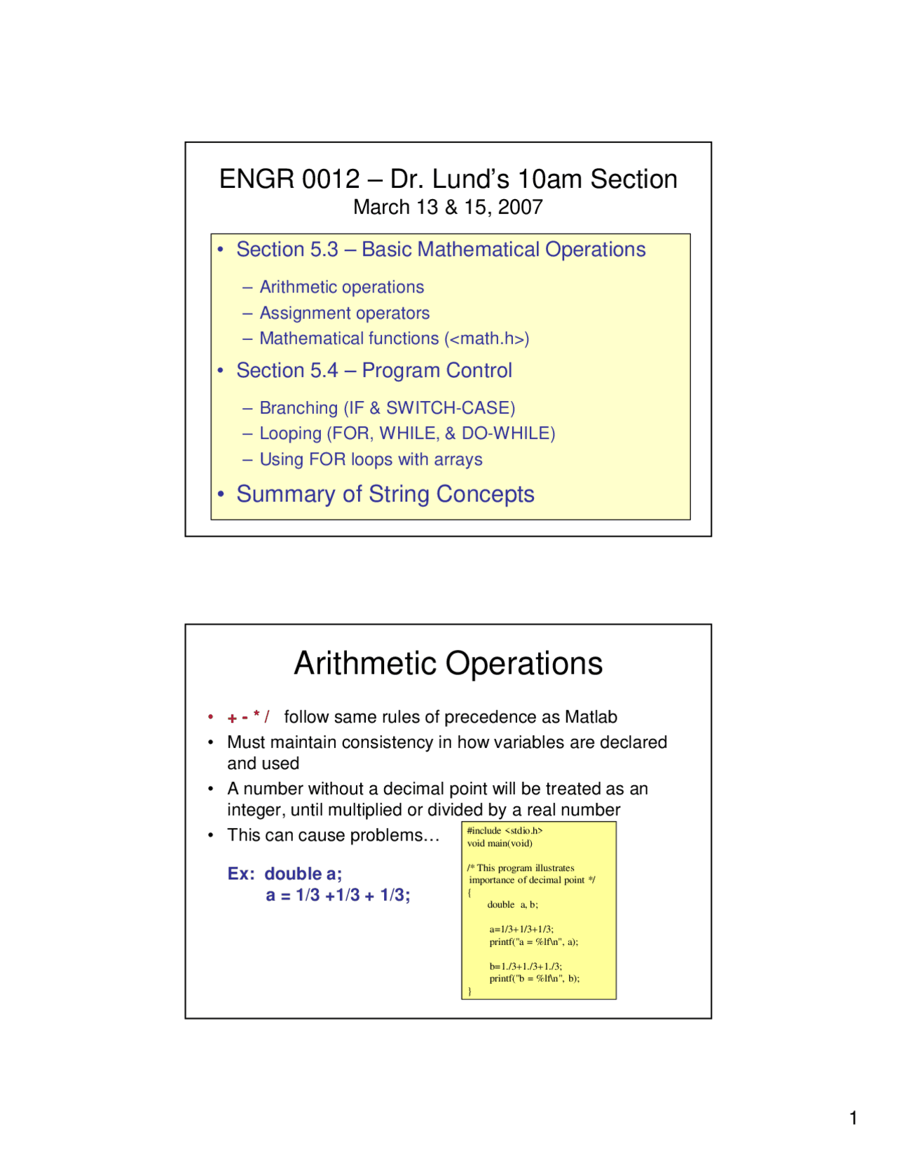 Basic Mathematical Operations - Lecture Slides | ENGR 0012 - Docsity