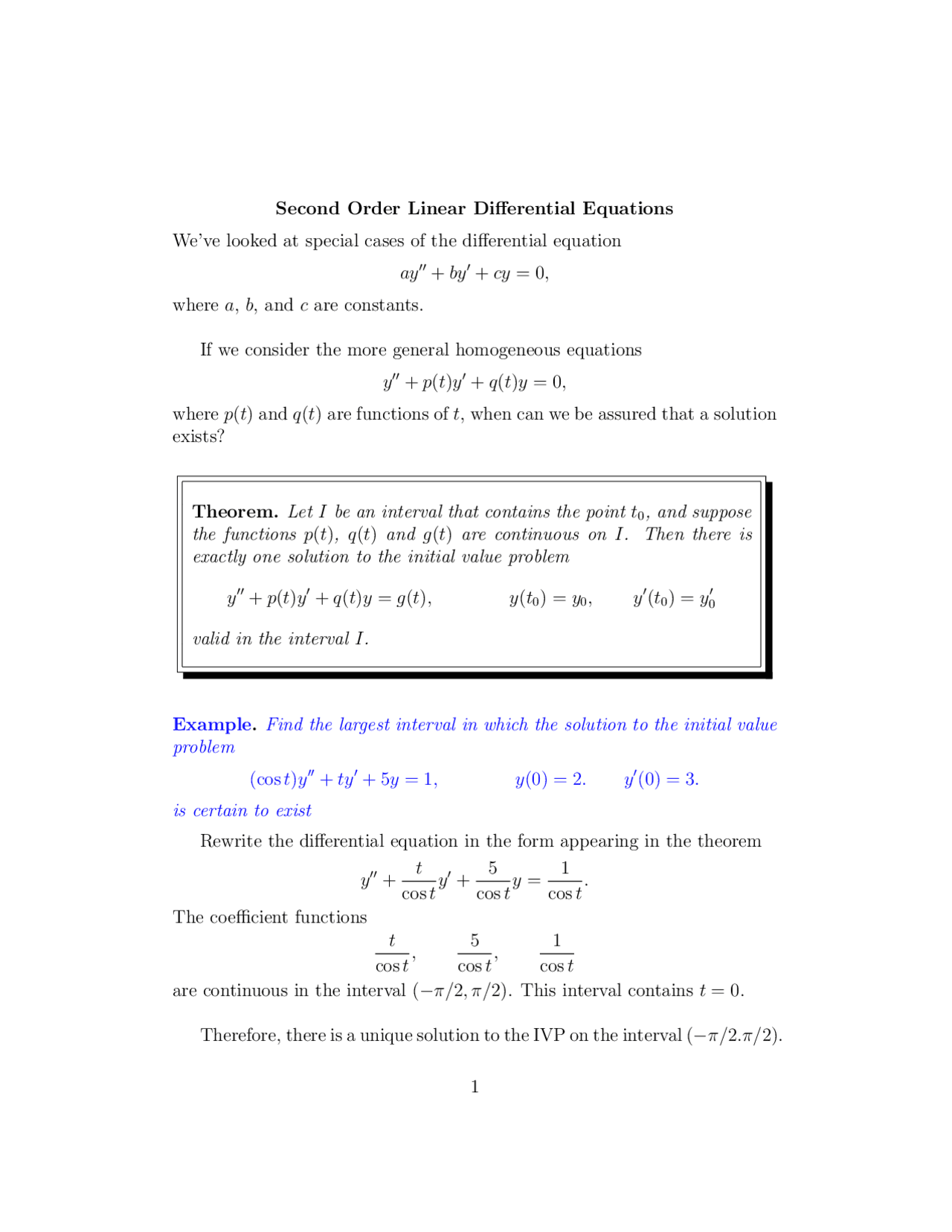 Notes on Second Order Linear Differential Equations | MATH 267 - Docsity