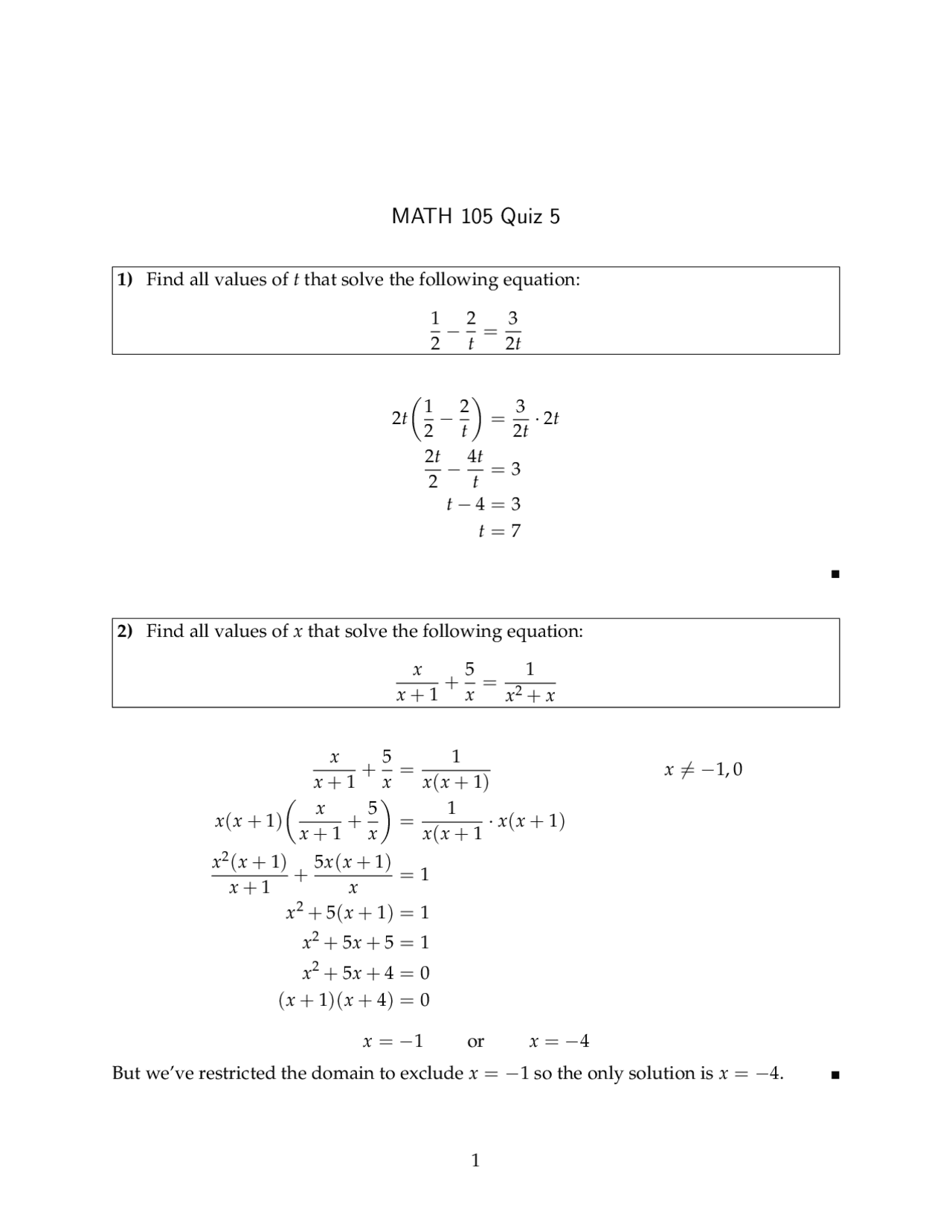 Quiz 5 Questions With Solutions Intermediate Algebra Math 105 Docsity