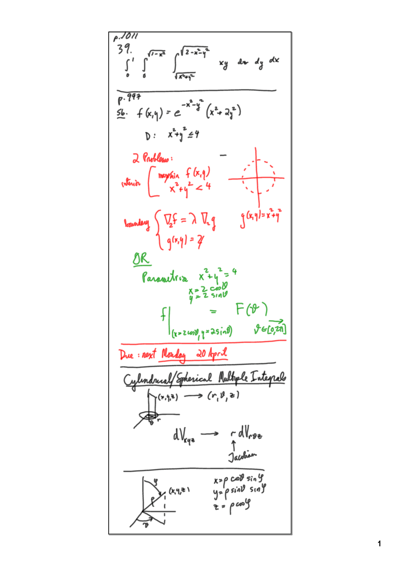 Lecture Handout On Cylindrical Spherical Multiple Integral Calculus Iii Math 275 Docsity