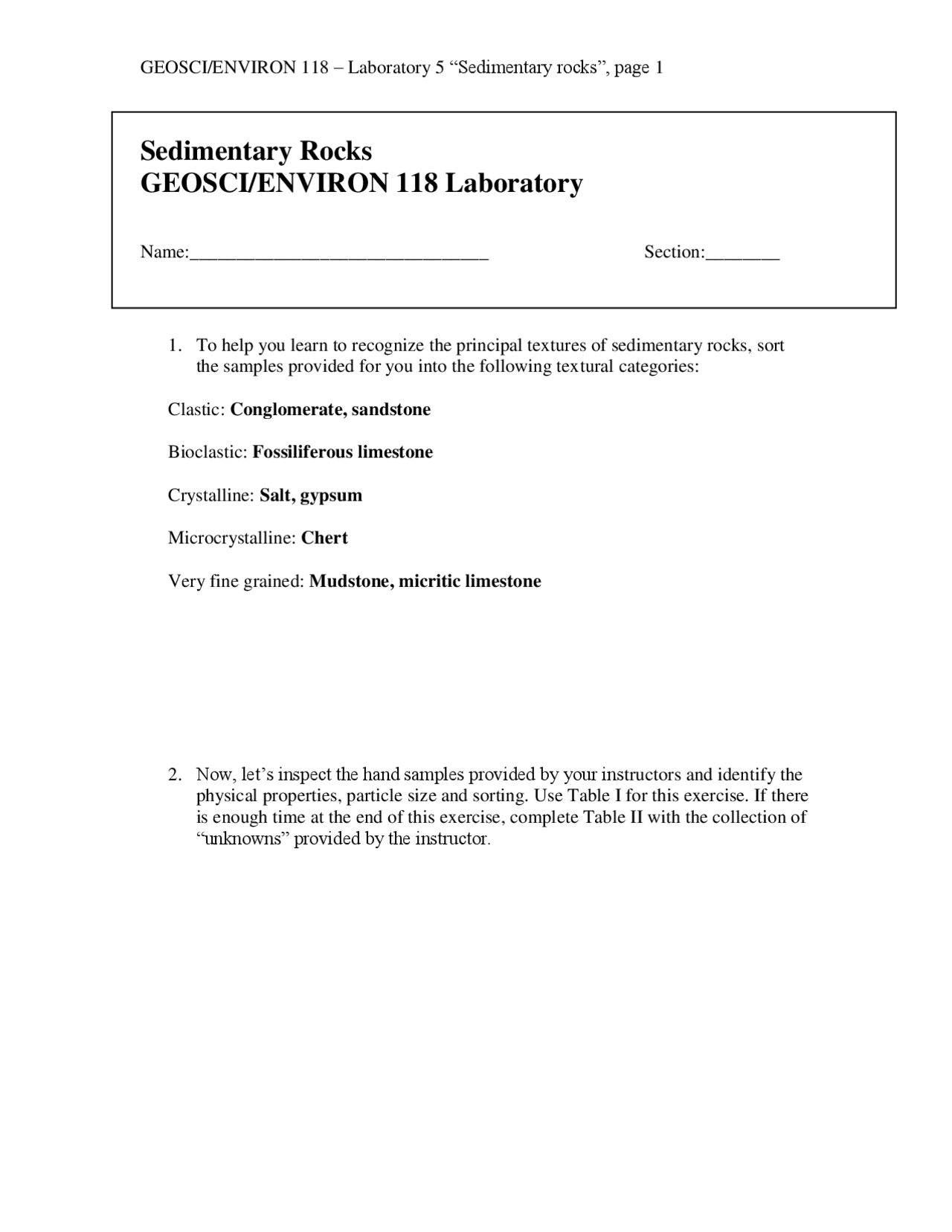 Sedimentary Rocks Laboratory 5 Environ 118 Docsity
