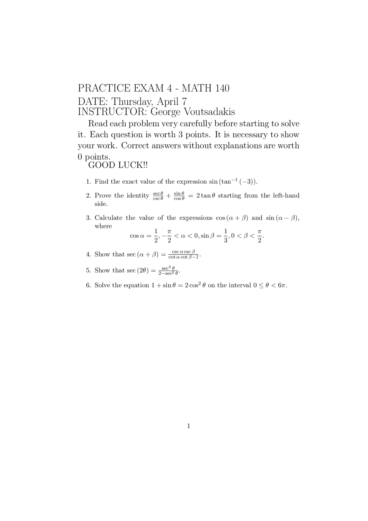 College Algebra - Practice Exam 4 | MATH 140 - Docsity
