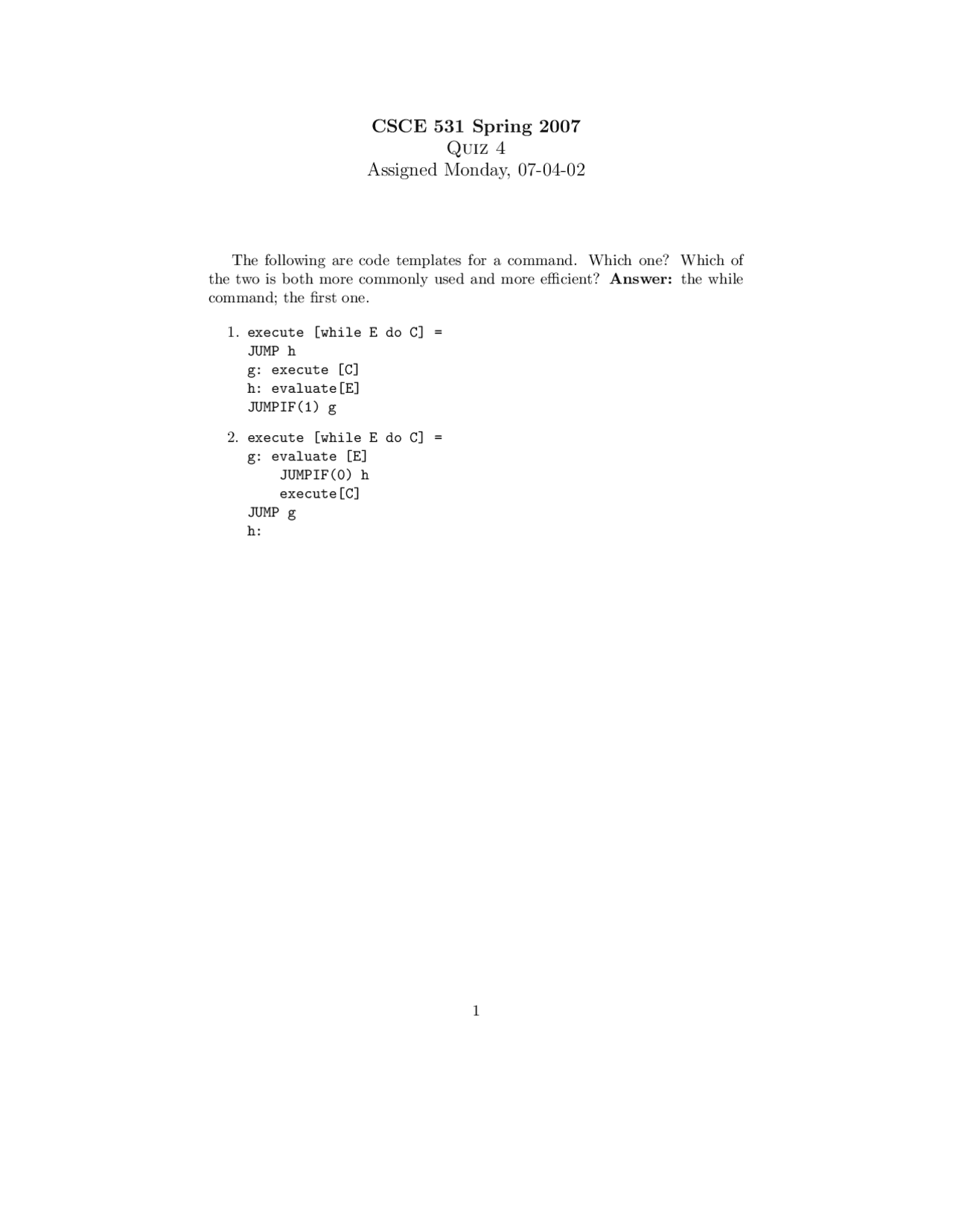 Solved Questions For Quiz 4 Compiler Construction Csce 531 Docsity