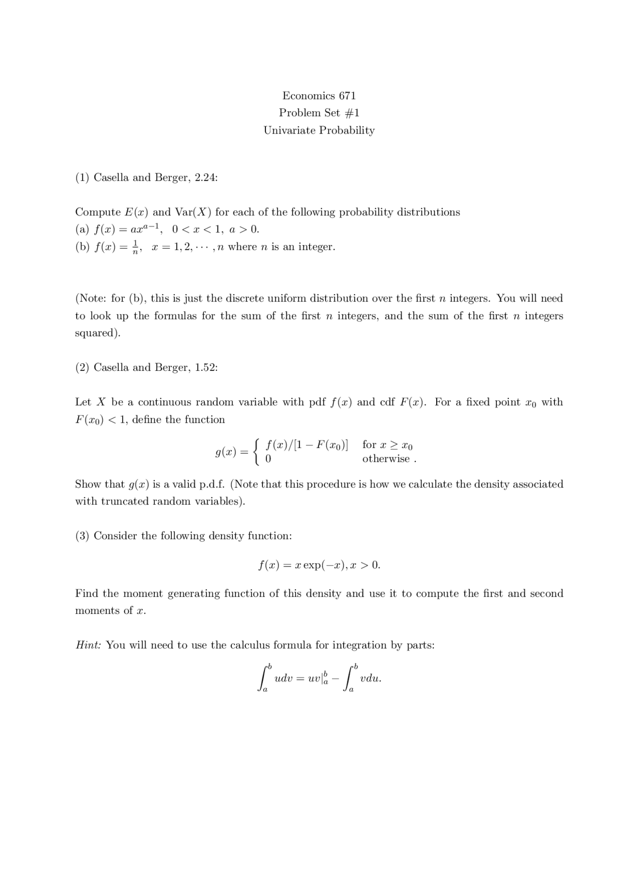 Problem Set 1 in Economics 671: Univariate Probability | Assignments Introduction to ...