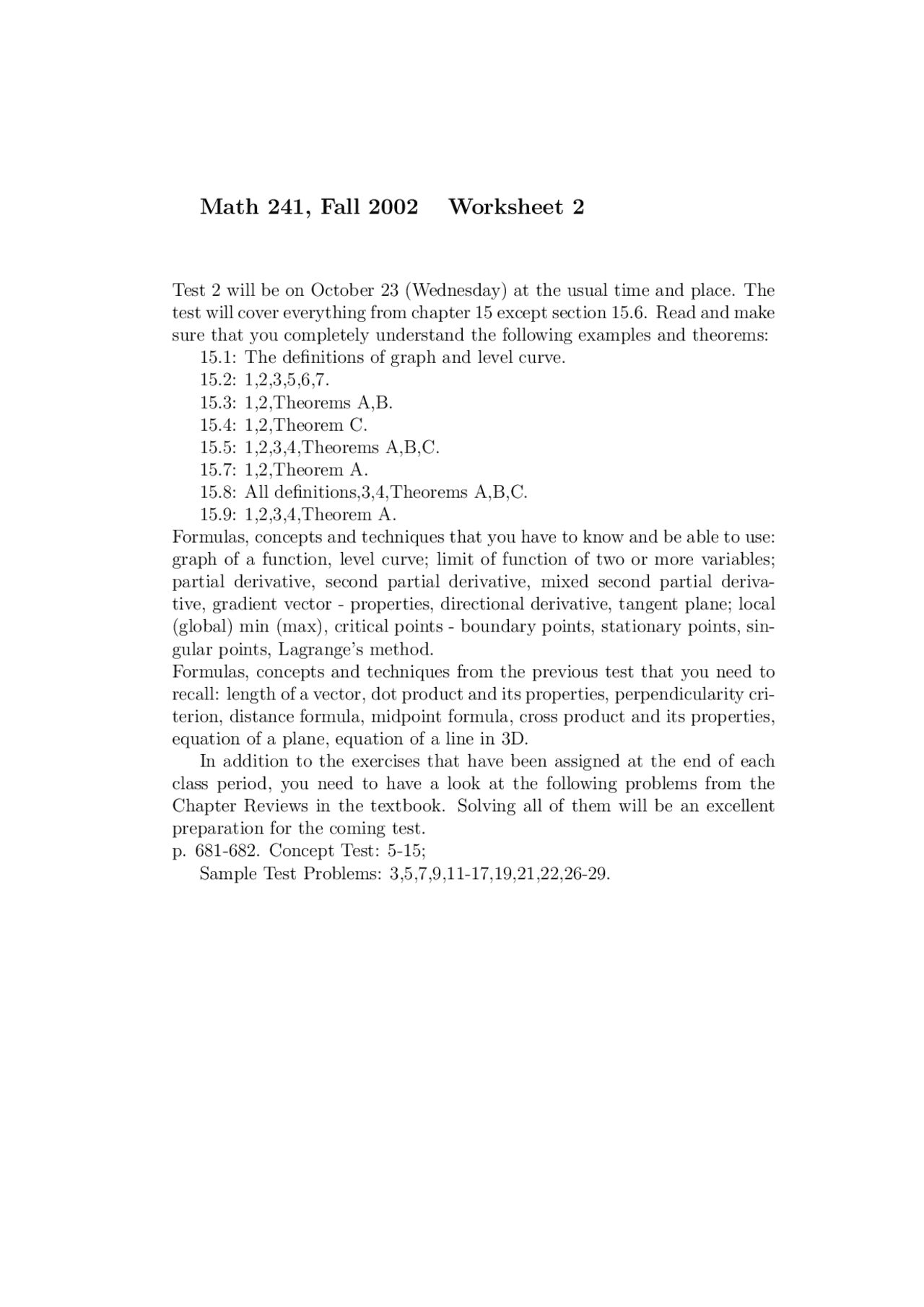 Worksheet 2 Vector Calculus Fall 2002 Math 241 Exams Calculus