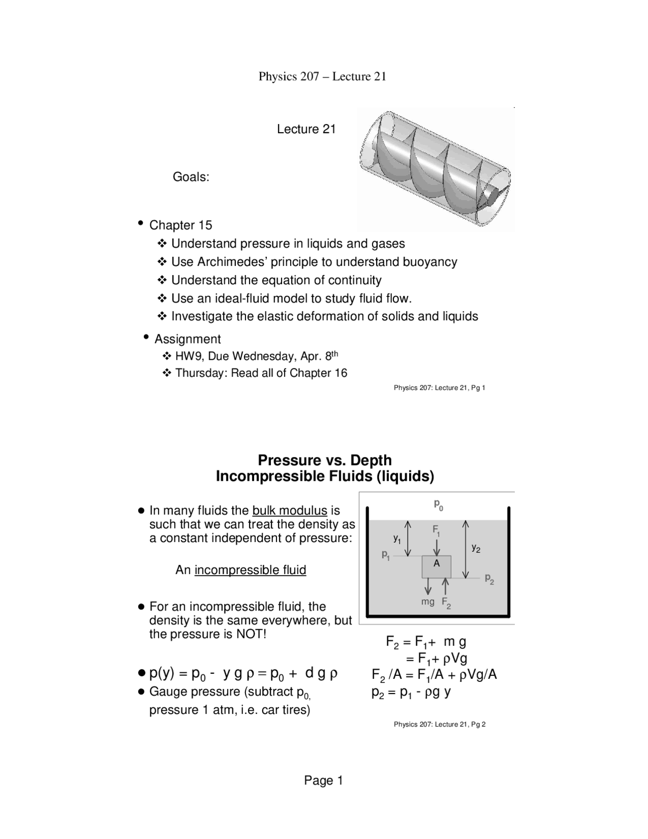 Pressure vs Depth Incompressible Fluids Liquids | PHYSICS 207 - Docsity