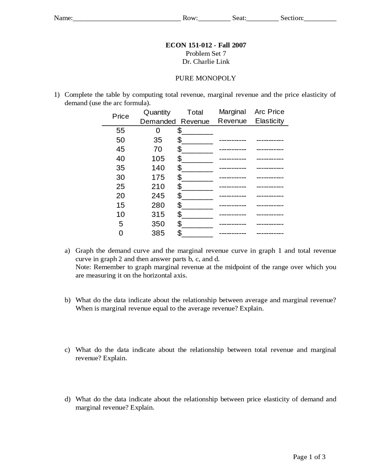 Problem Set 7 For Introduction To Microeconomics Prices And Markets