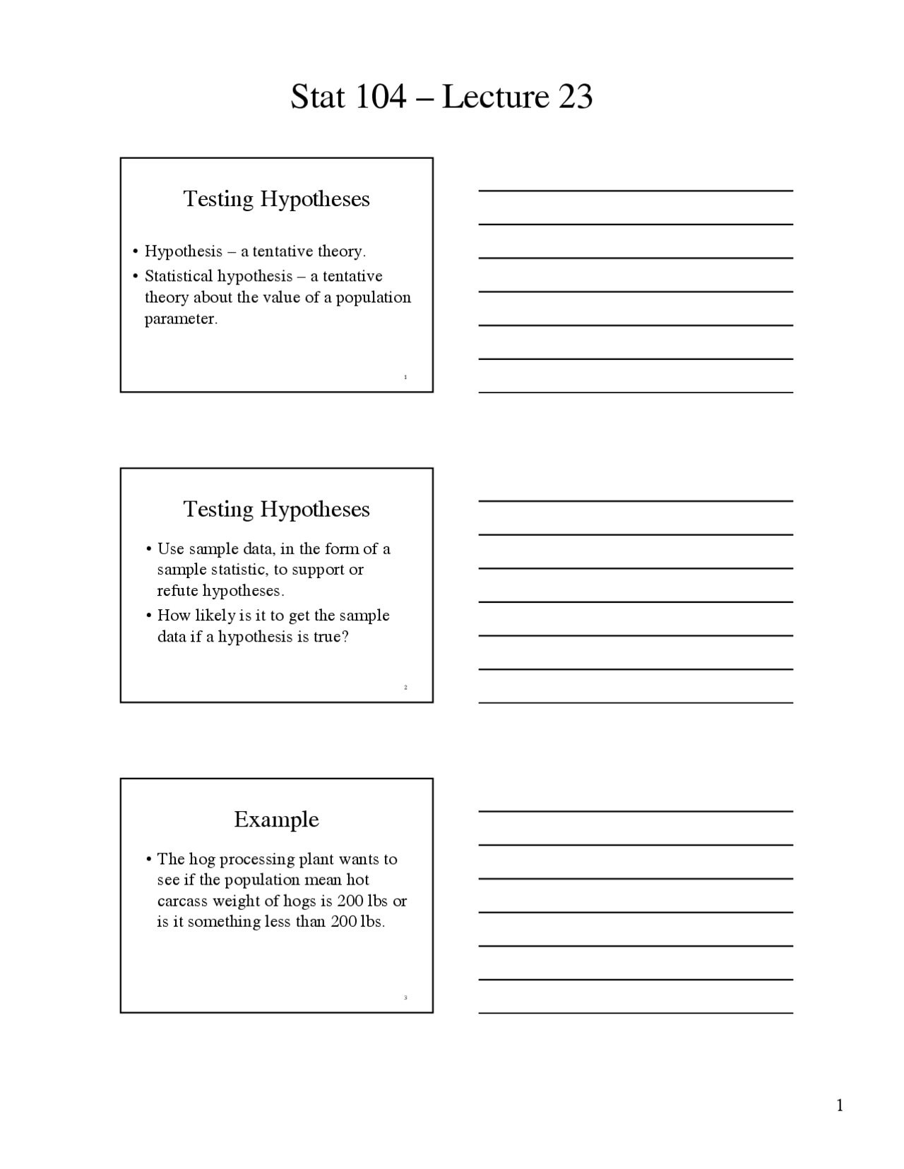 Testing Hypotheses Lecture Slides Stat 104 Docsity
