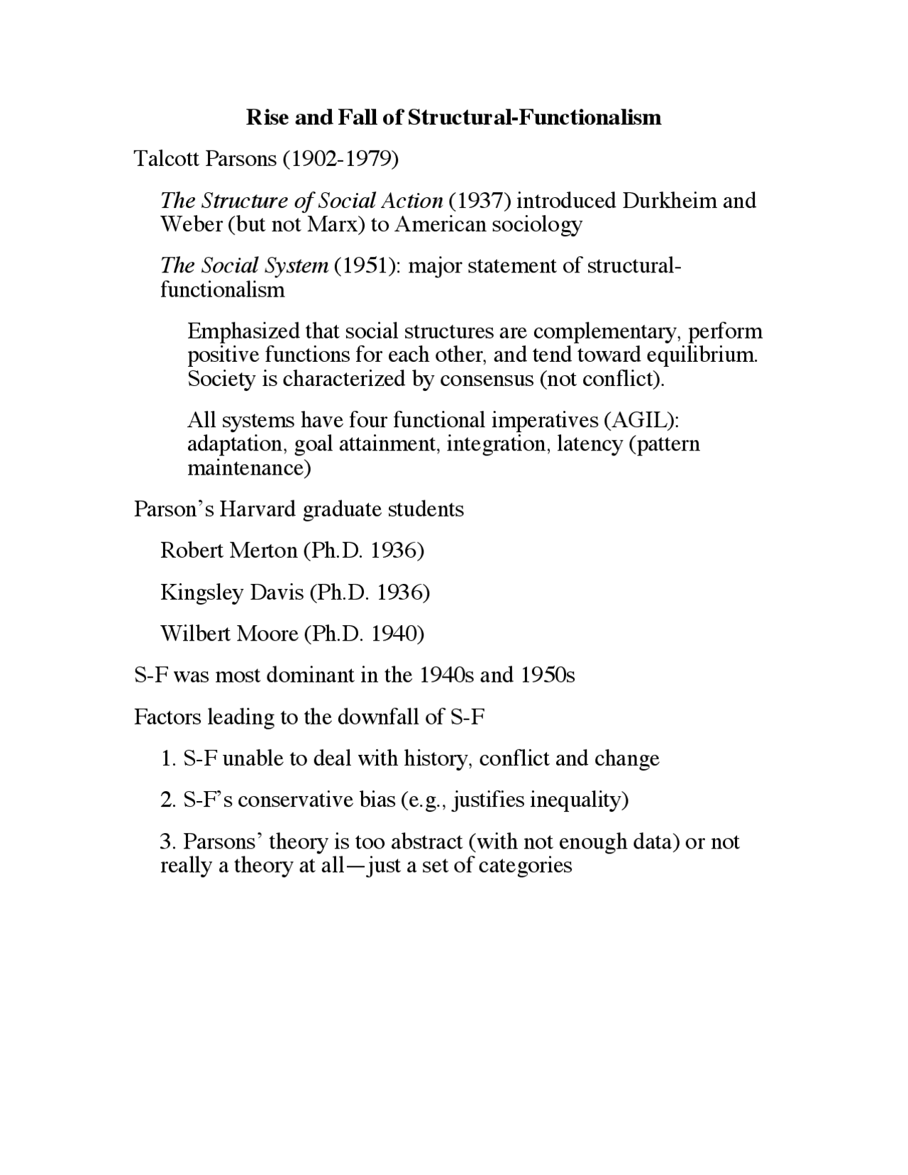 Rise and Fall of Structural-Functionalism - Notes | SOC 401 - Docsity