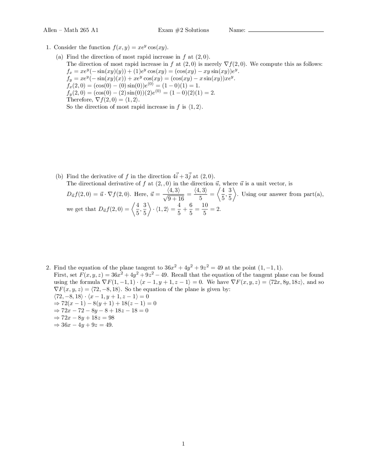 10 Questions With Answer Exam 2 Calculus Iii Math 265 Docsity