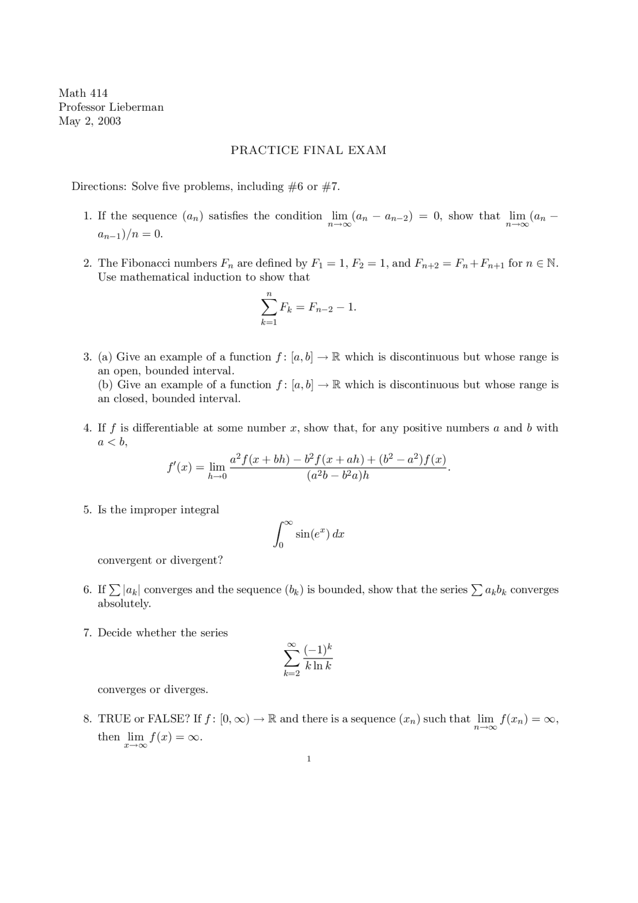 10 Problems For Final Exam Analysis I Math 414 Docsity
