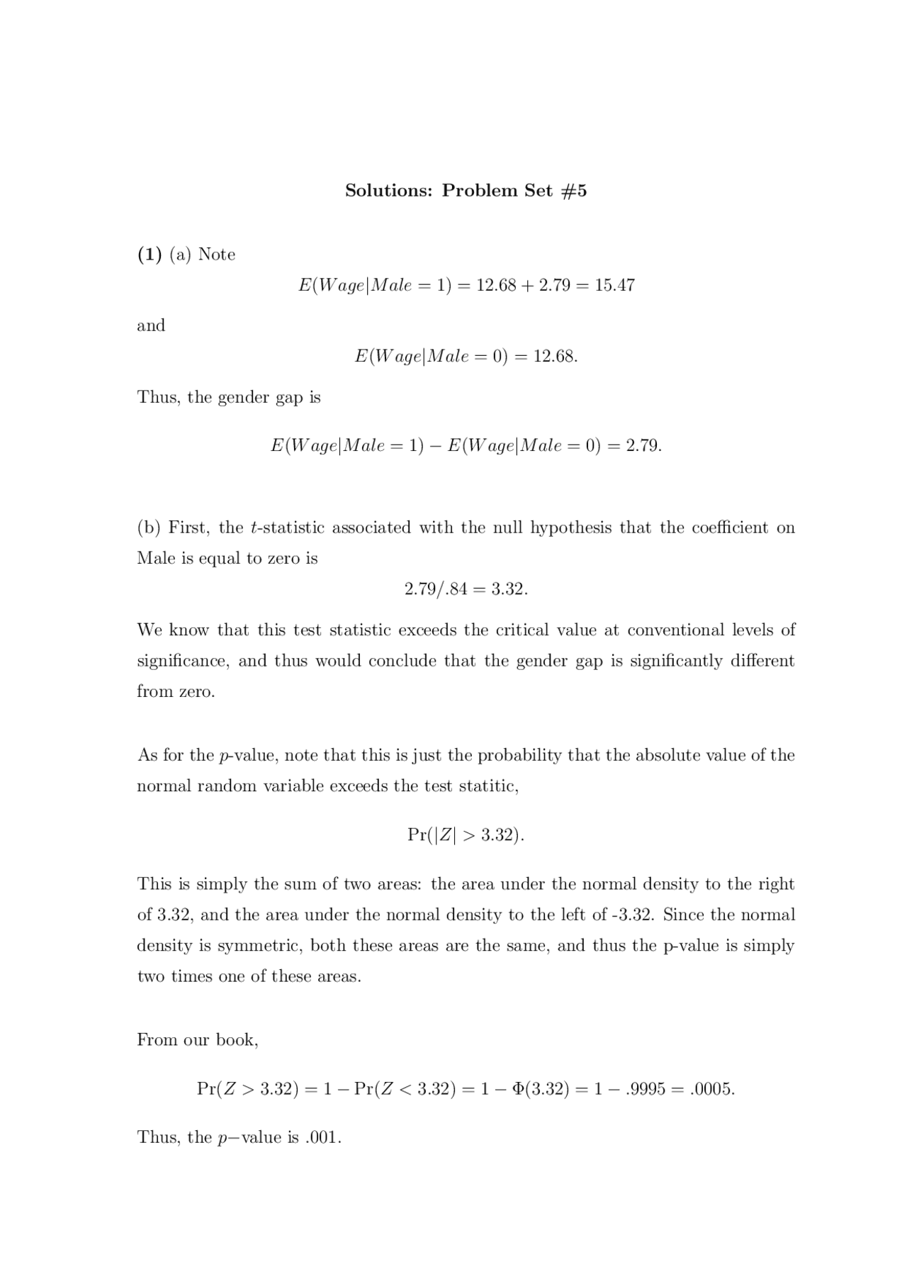 Solutions For Problem Set 5 Introductory Econometric Econ 371 Docsity