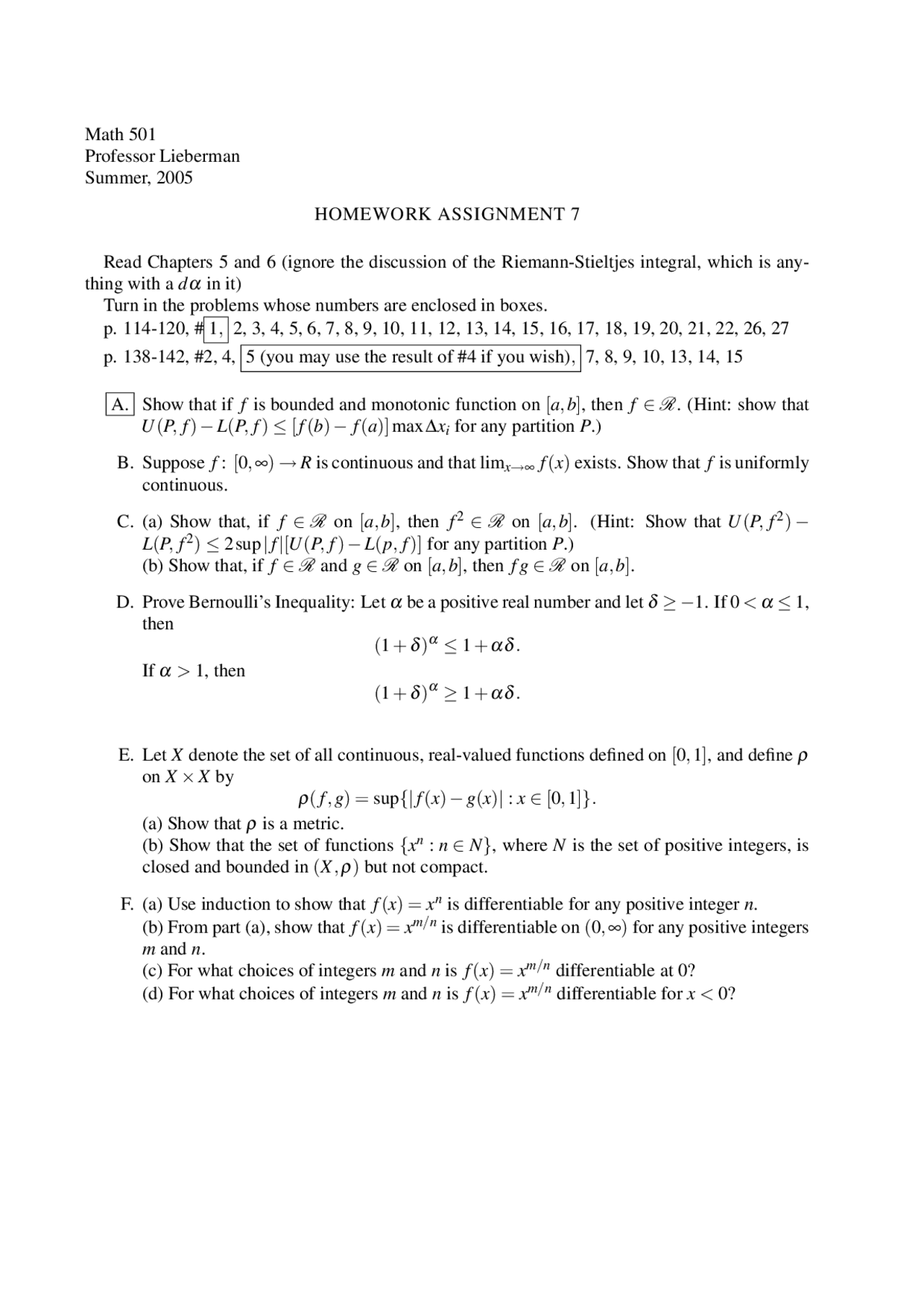 Homework 7 Introduction To Real Analysis Math 501 Docsity