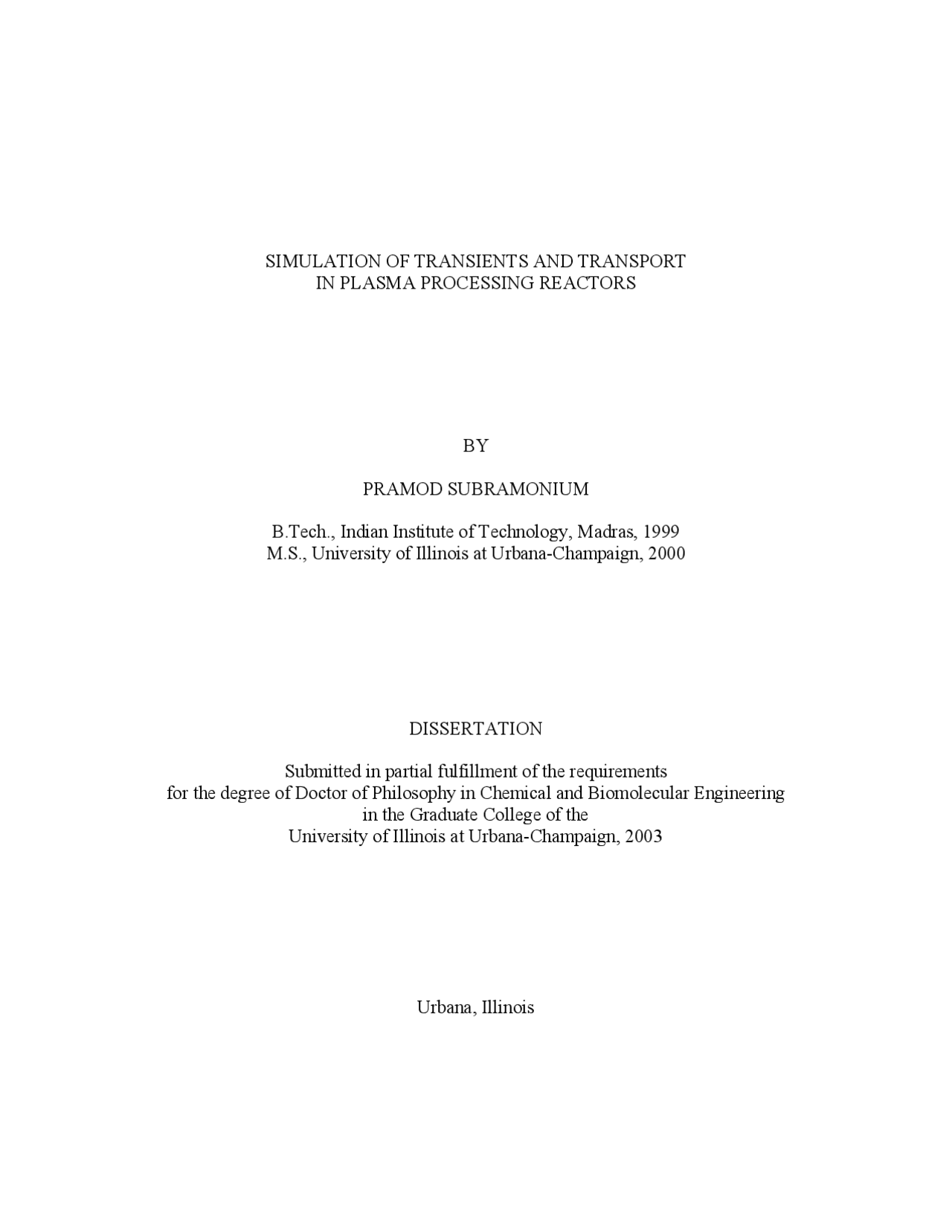 Simulation of Transients and Transport in Plasma Processing Reactors | AT 400 - Docsity