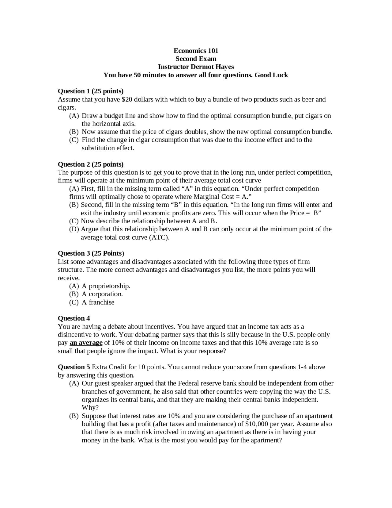 5 Questions Of Principles Of Microeconomics Exam 2 Econ 101 Docsity
